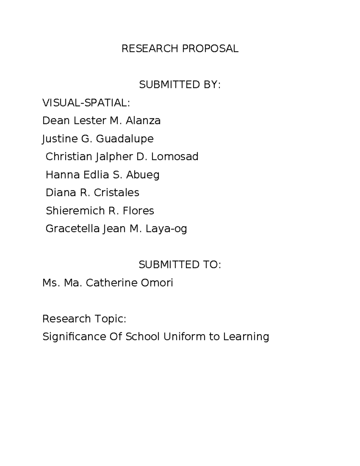Research proposal by visual spatial - RESEARCH PROPOSAL SUBMITTED BY ...