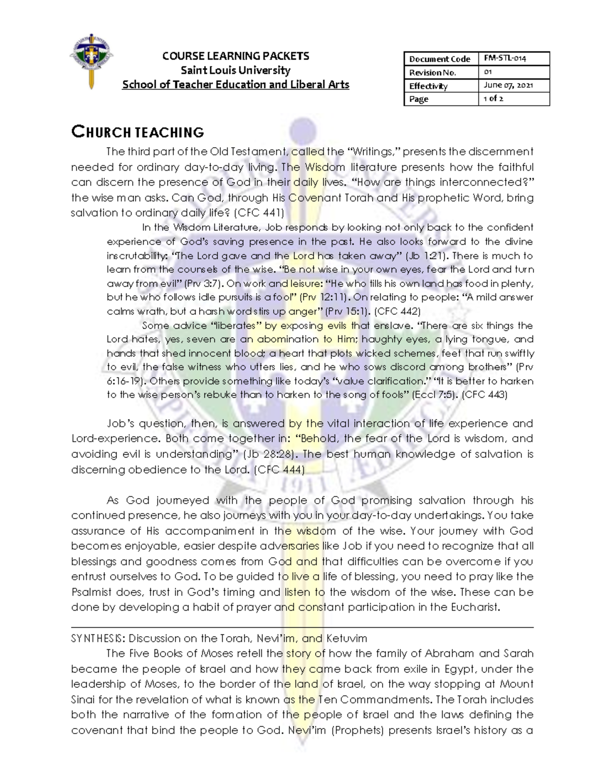 CFE 101 Module 2, Lesson 3 Church Teaching - COURSE LEARNING PACKETS ...