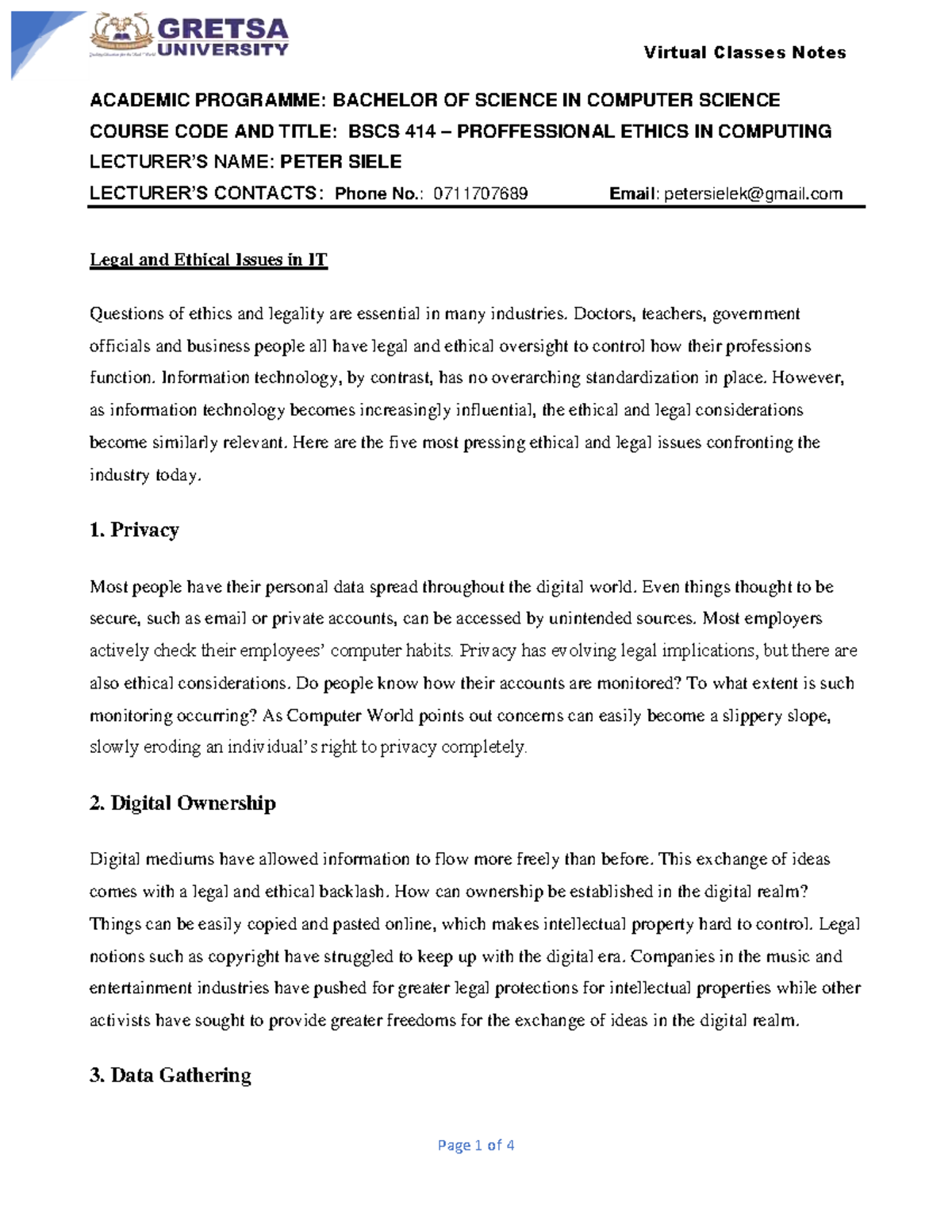 Professional Ethics in Computing BSCS 414 - Virtual Classes Notes ...