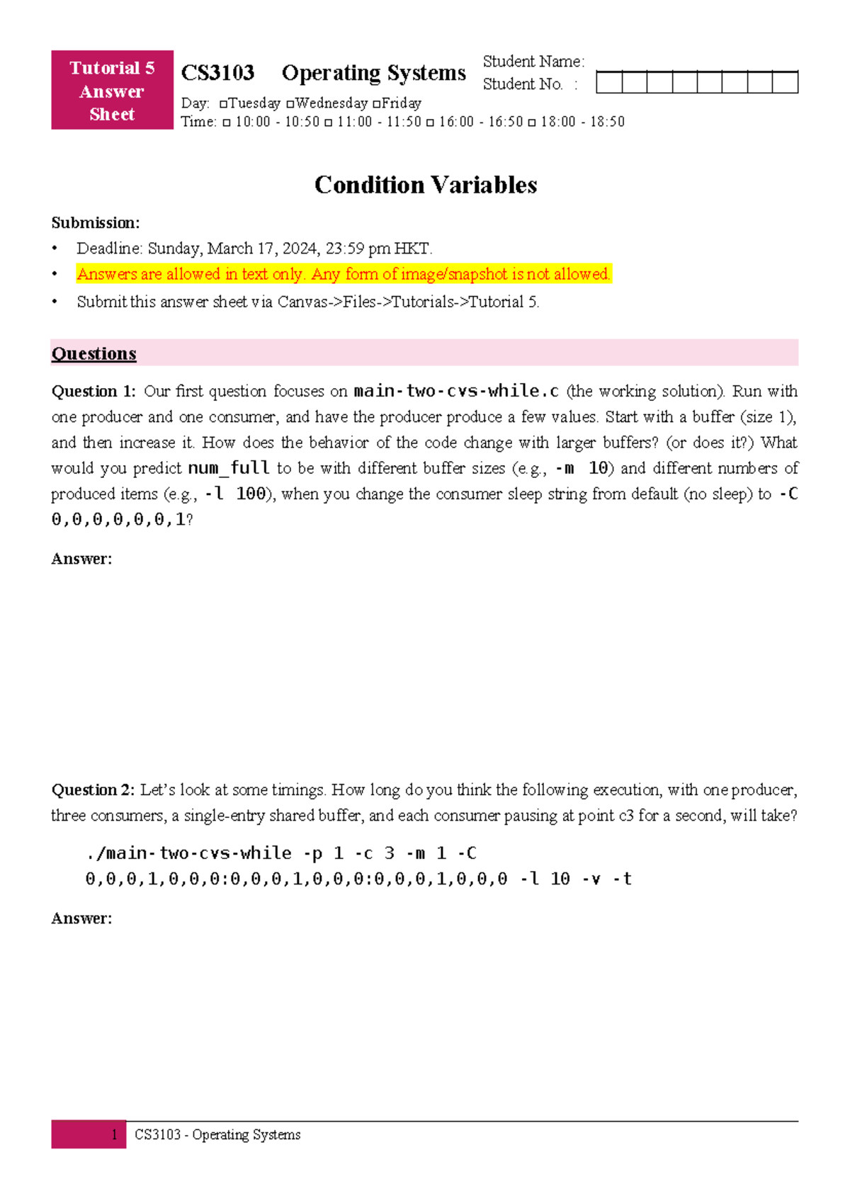 CS3103 Tutorial 5 answersheet 2024 3 11 - Tutorial 5 Answer Sheet CS3103 Operating Systems ...