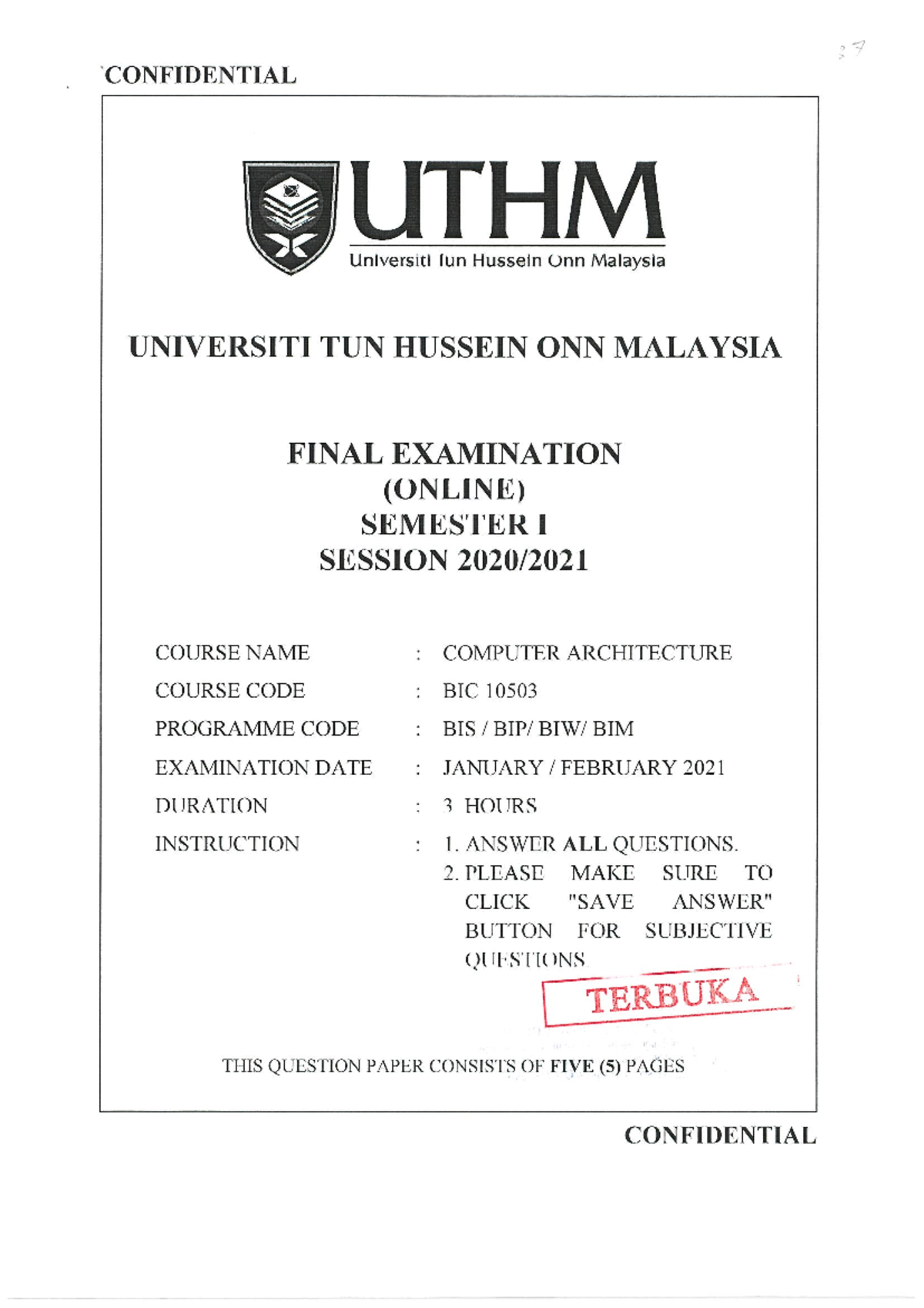 Computer Architecture BIC 10503test - Management Information System ...