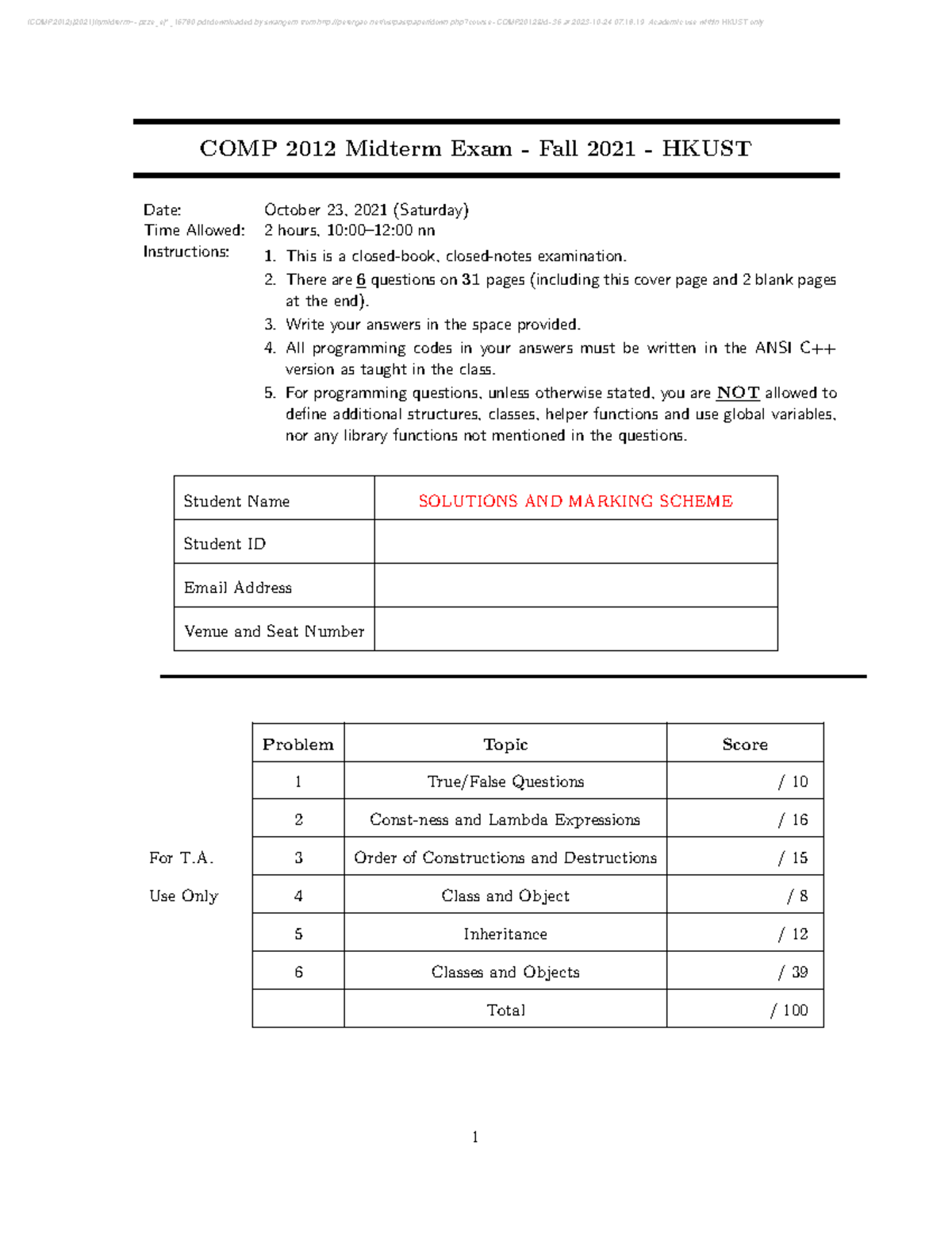 (COMP2012 )[2021](f)midterm~=pzze ej^ 16780 - COMP 2012 Midterm Exam - Fall 2021 - HKUST Date ...