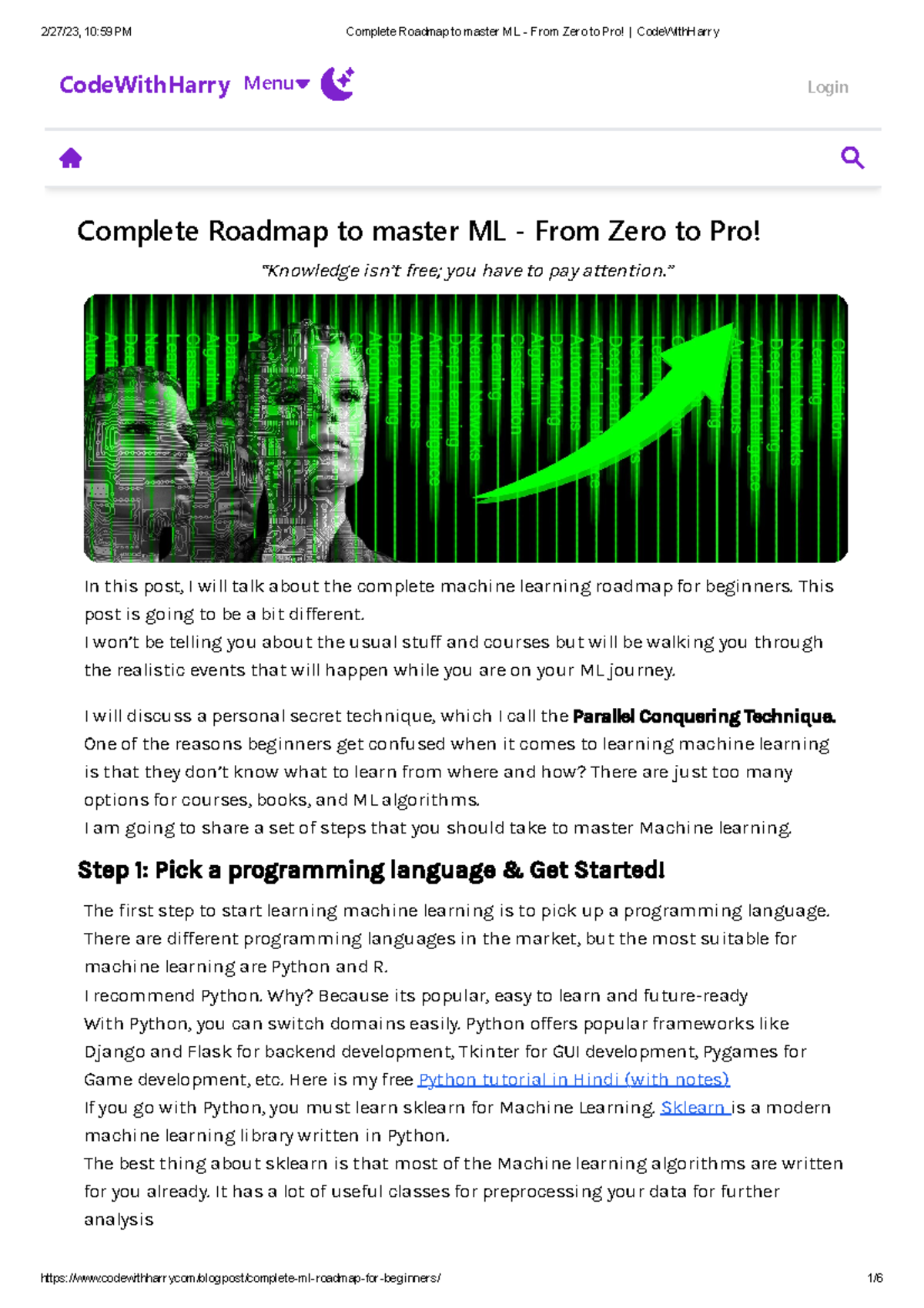 Complete Roadmap to master ML - From Zero to Pro Code With Harry ...