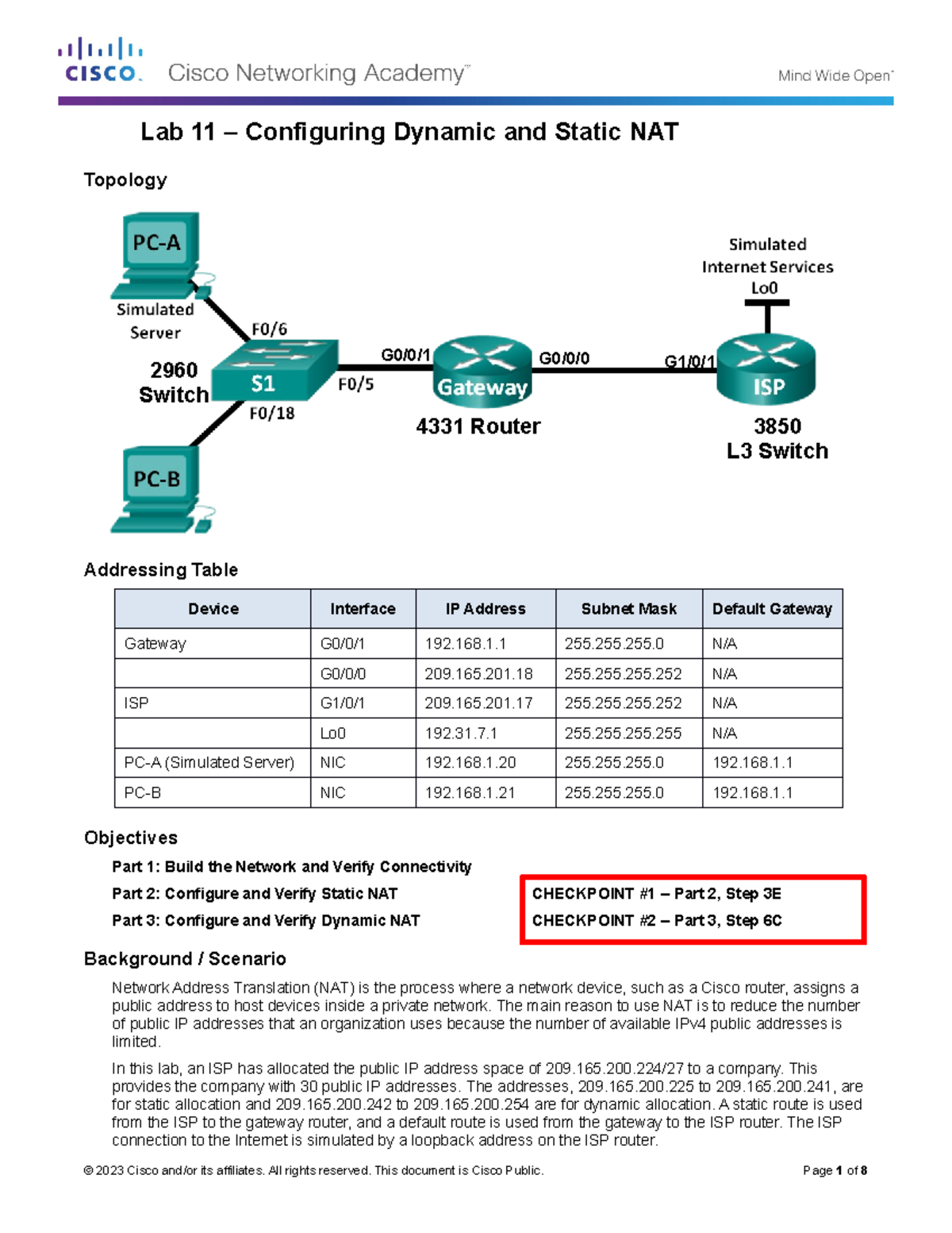Lab11 Nat Lab 11 Overview Topology Addressing Table Device Interface Ip Address Subnet Mask