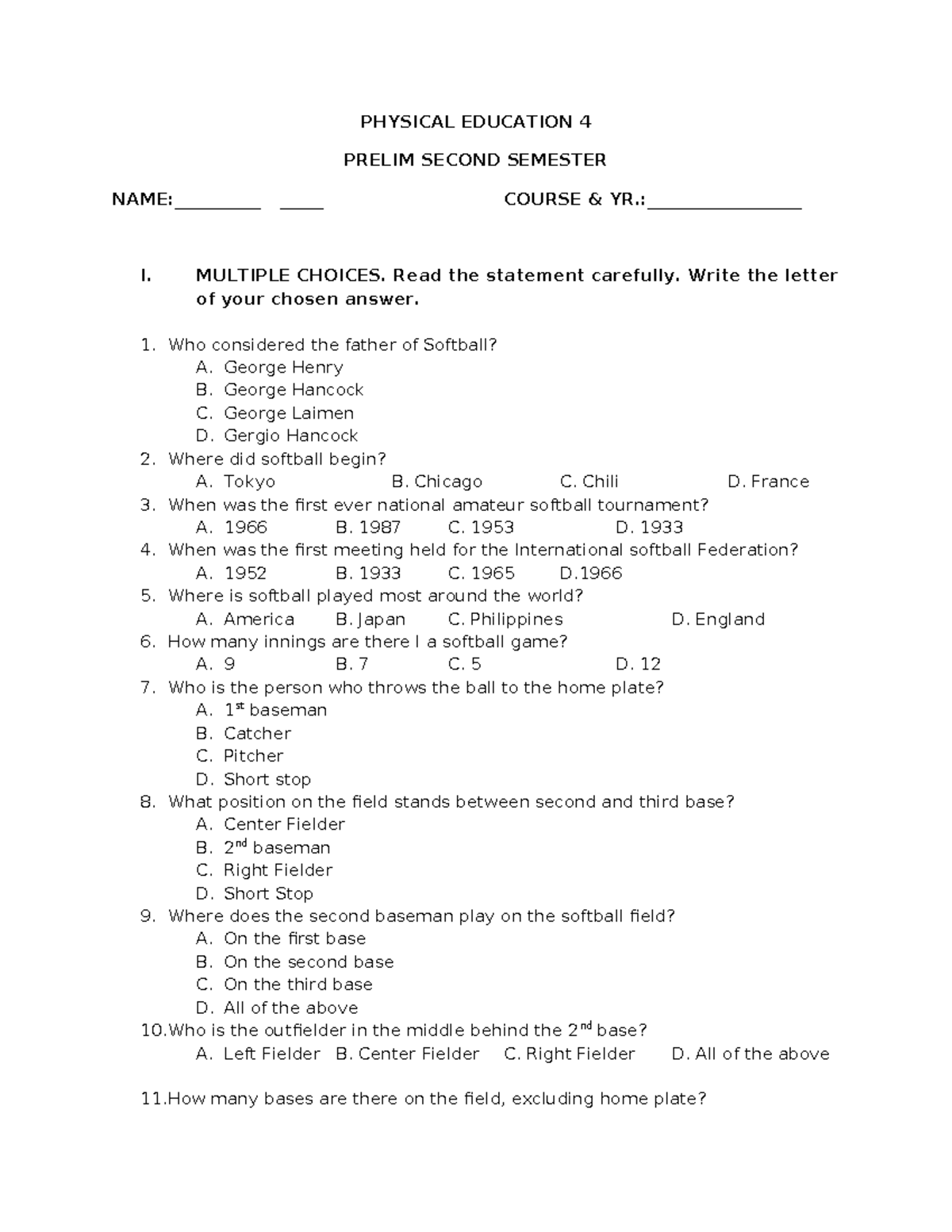 Physical Education 4 Prelim Examination - PHYSICAL EDUCATION 4 PRELIM ...