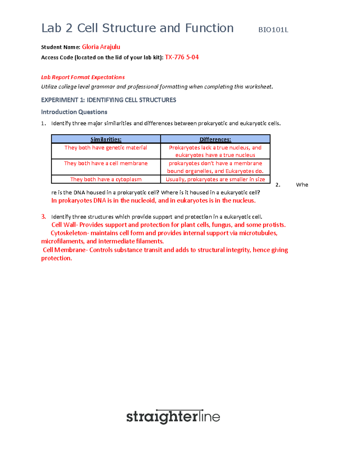 Lab 2 biology - bio lab 2 - Student Name: Gloria Arajulu Access Code ...