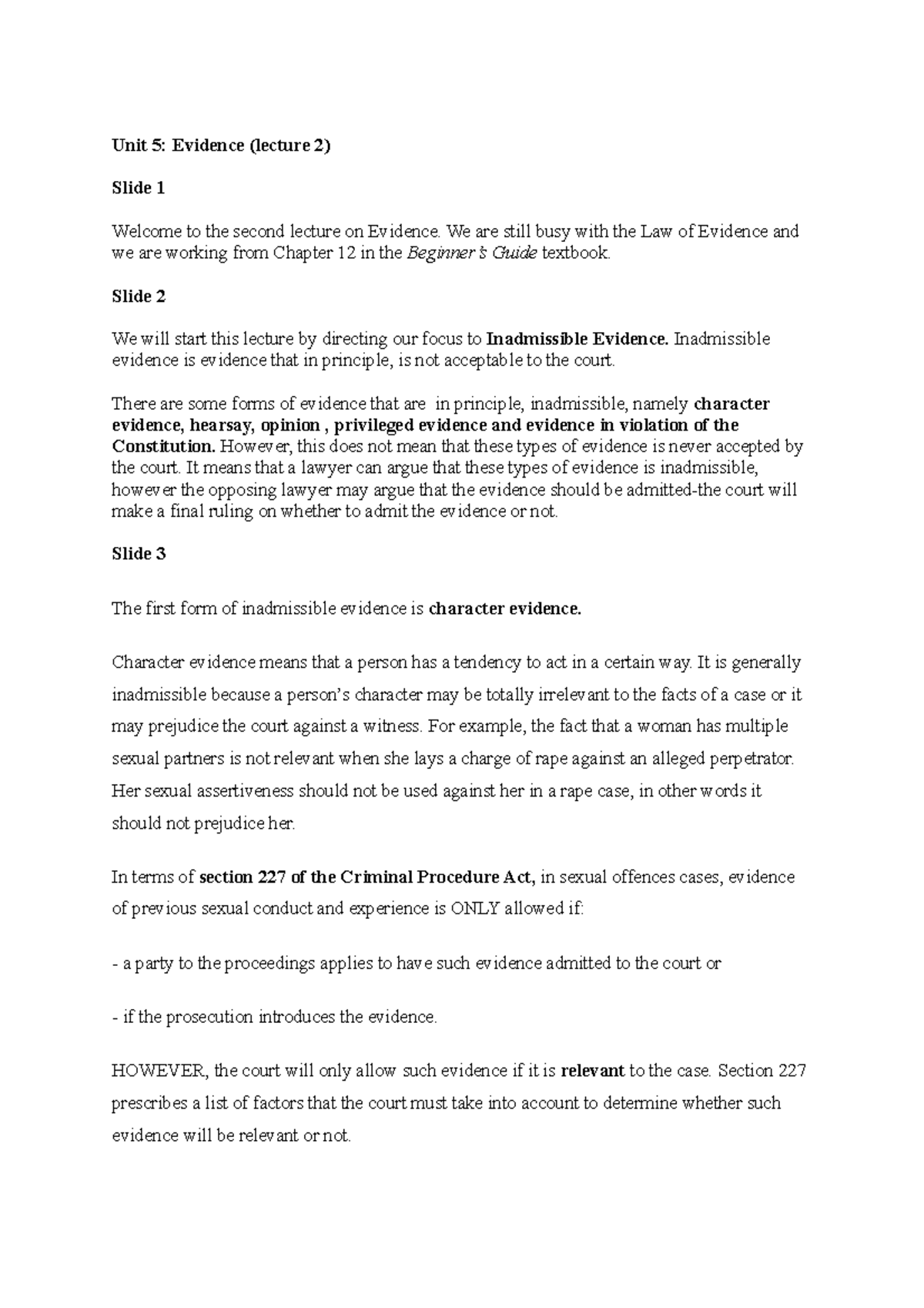 Evidence Lecture 2 transcript - Unit 5: Evidence (lecture 2) Slide 1 ...