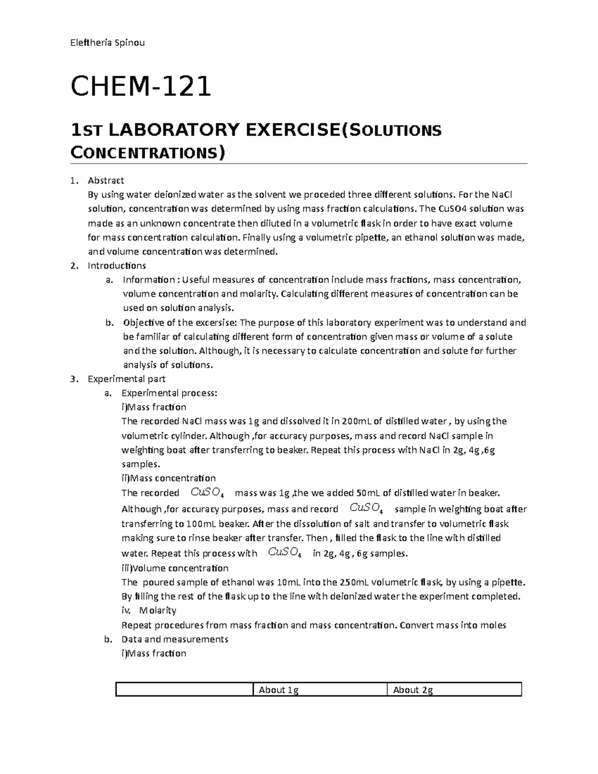 Lab report 1 - Grade: A - Eleftheria Spinou CHEM- 1 ST LABORATORY ...
