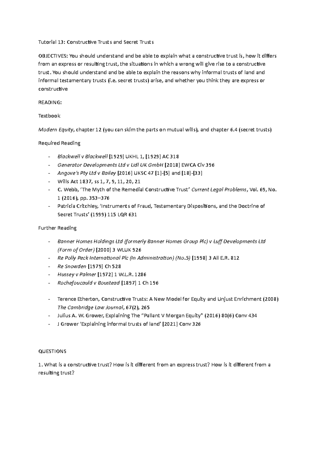 Tutorial 13 Constructive Trusts And Secret Trusts Tutorial 13 Constructive Trusts And