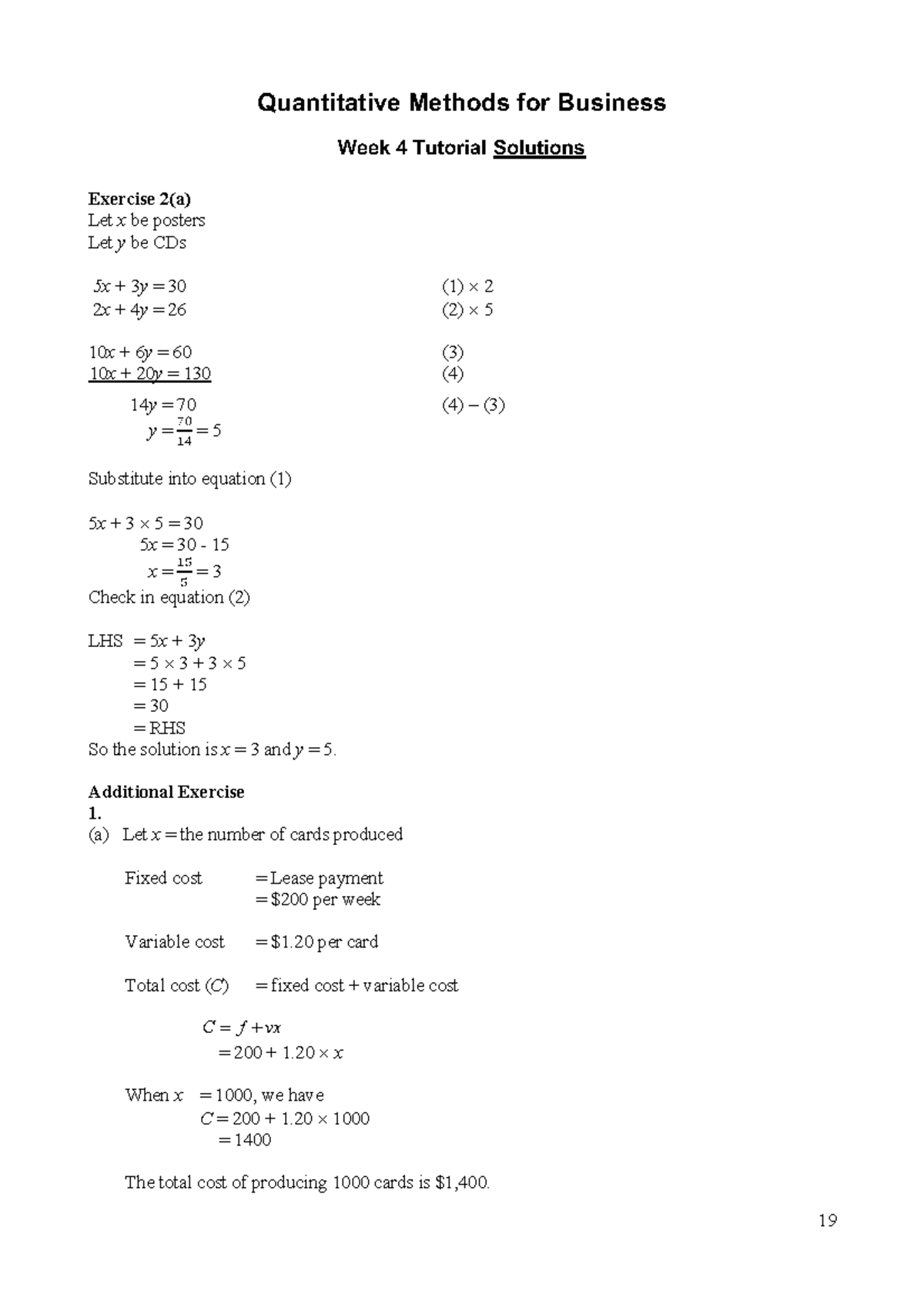 Tutorial Sol Week 4 - Quantitative Methods for Business Week 4 Tutorial U SolutionsU Exercise 2 ...