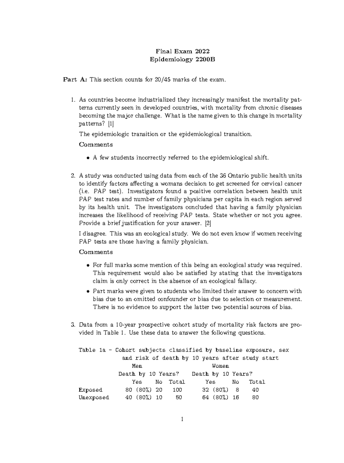 Final Exam 2022 Answers - Final Exam 2022 Epidemiology 2200B Part A ...