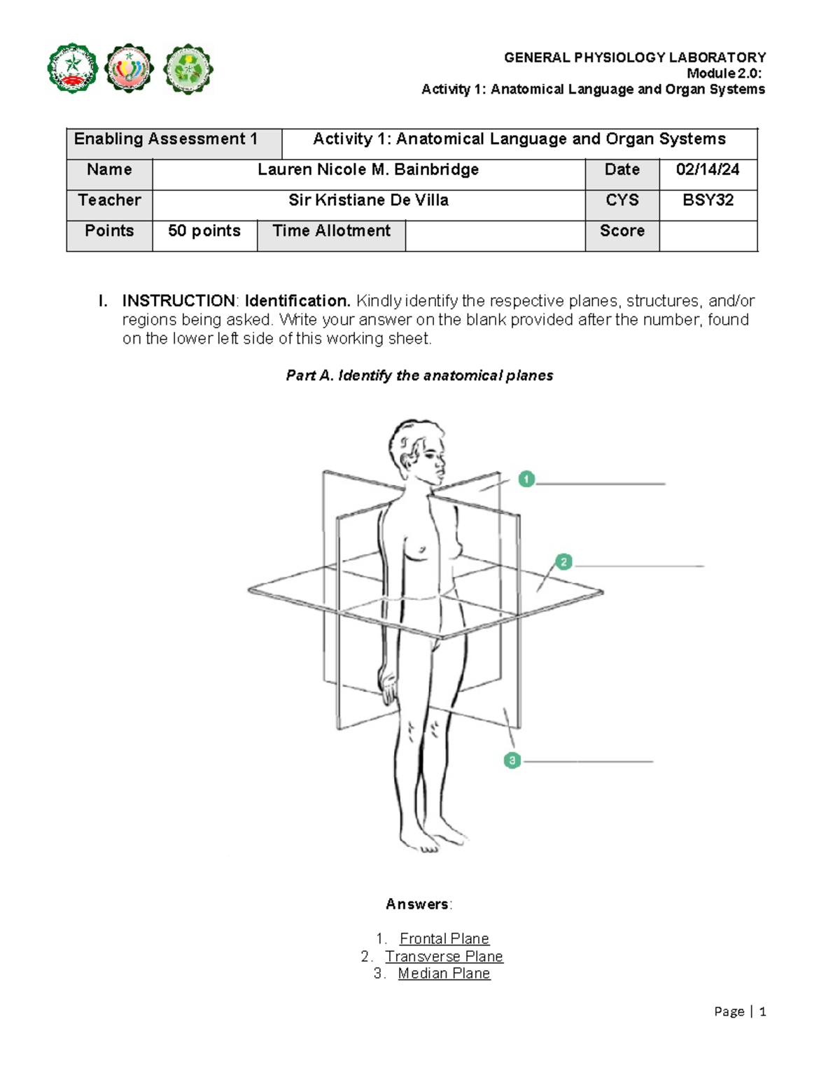 Enabling Assessment 1 - Anatomical Language and Organ Systems-2023-24 ...