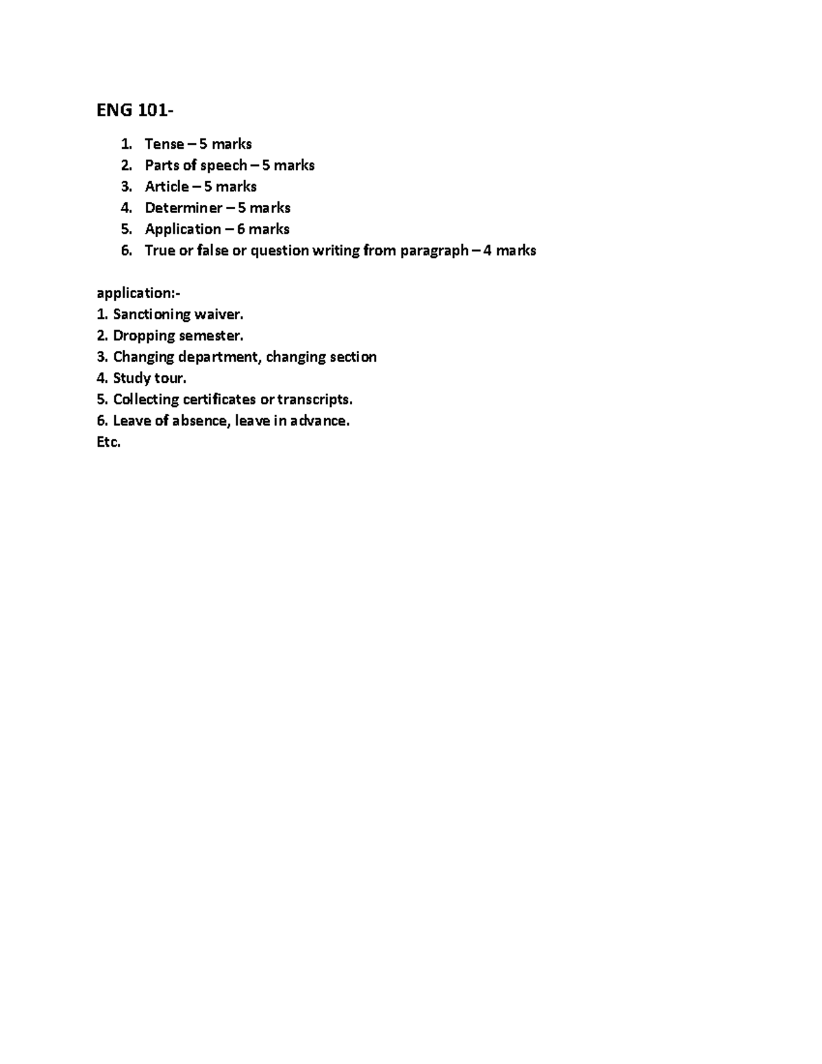 Eng 101 - Good - English - ENG 101- 1. Tense – 5 marks 2. Parts of ...