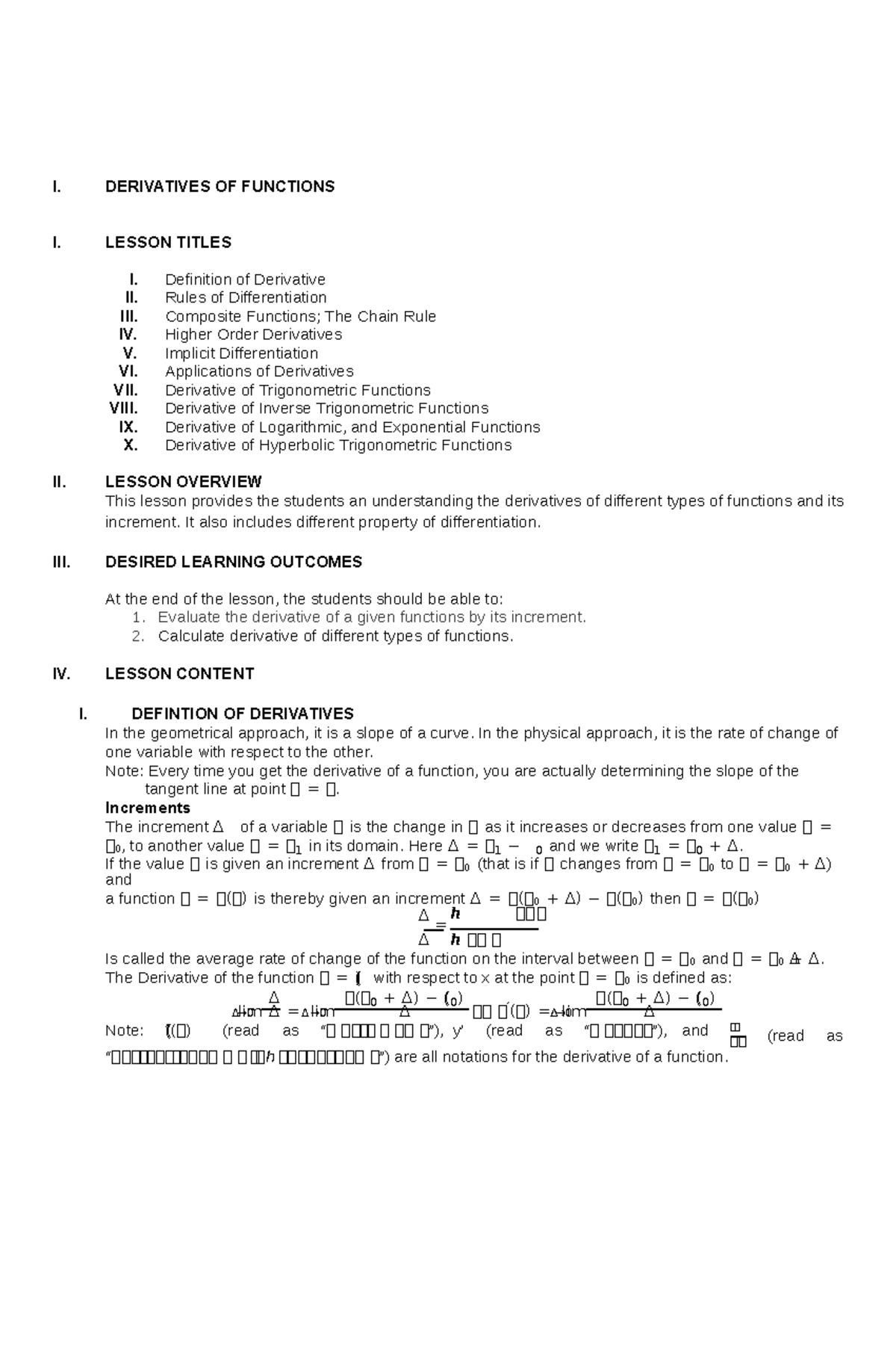 Diff. Calculus - Module 3 - I. DERIVATIVES OF FUNCTIONS I. LESSON TITLES I. Definition of ...