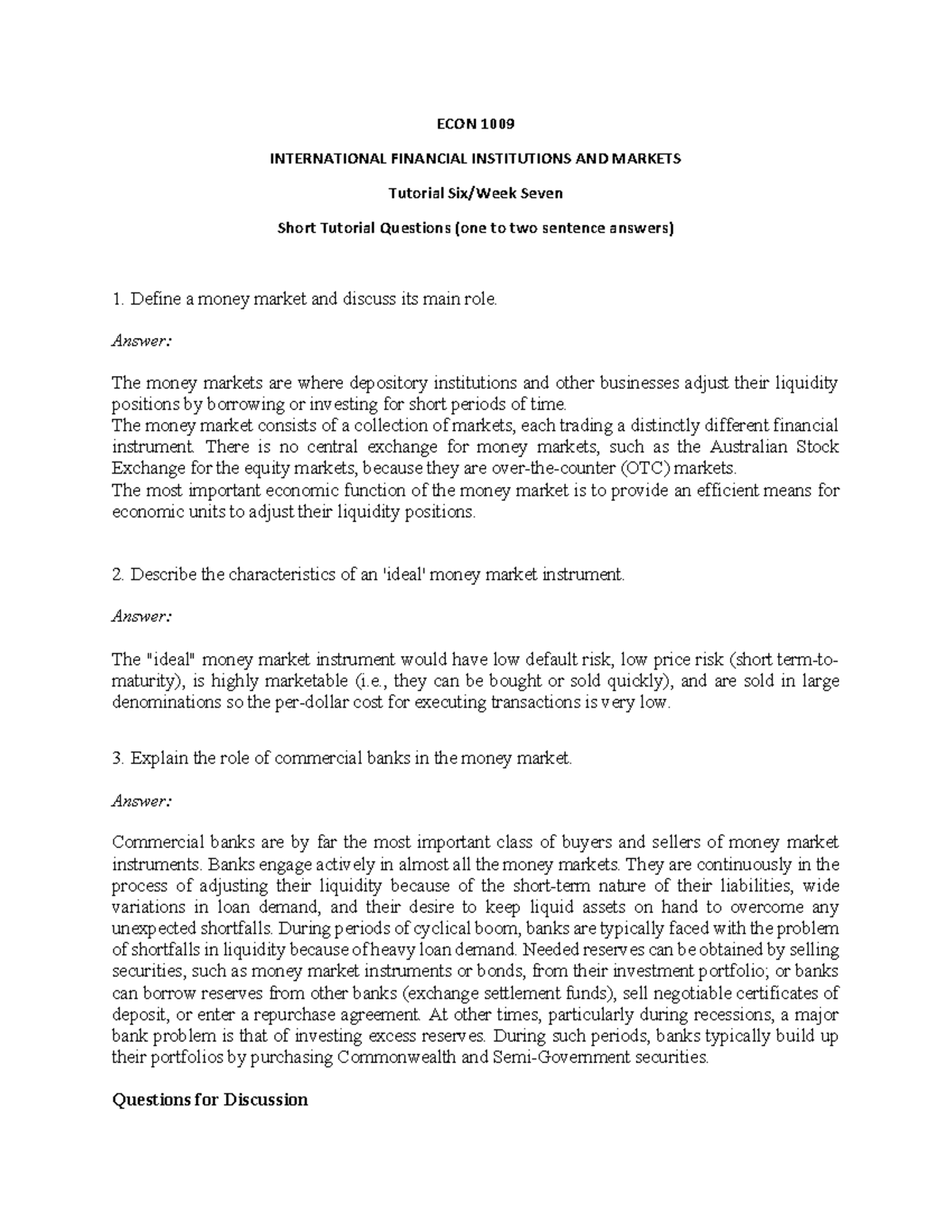 Tute6 notes - tutorial 6 questions and answers - ECON 1009 ...
