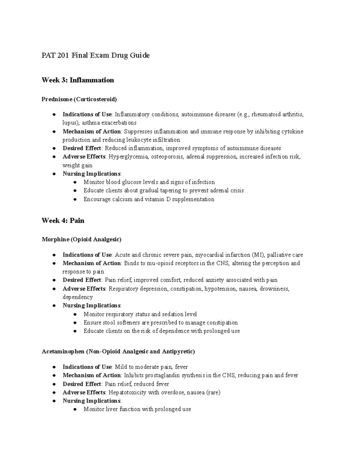 PAT 201 Drugs to Memorise - PAT 201 Final Exam Drug Guide Week 3 ...