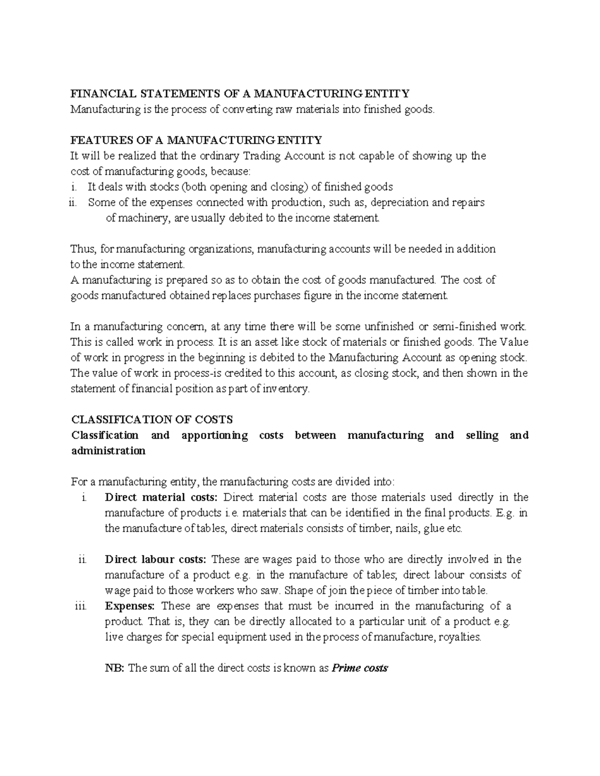 BAF 102 INT. Accounting II - Financial Statements OF A Manufacturing ...