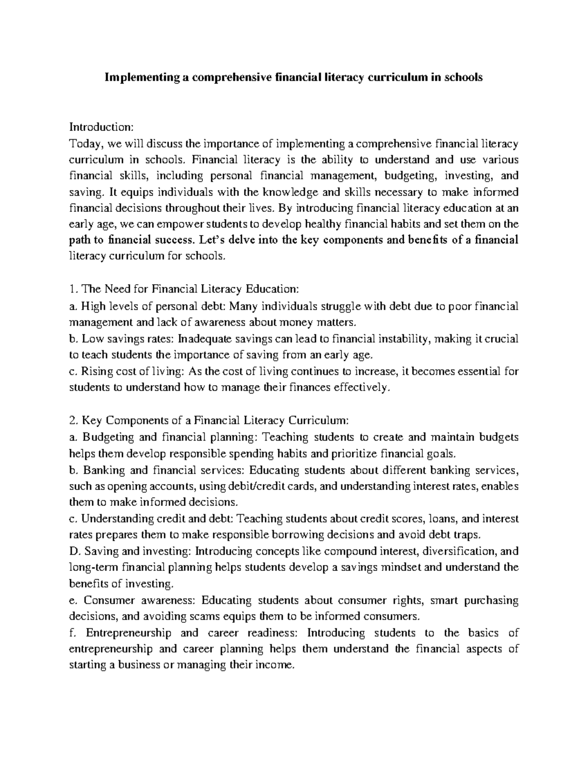 Implementing a comprehensive financial literacy curriculum in schools ...