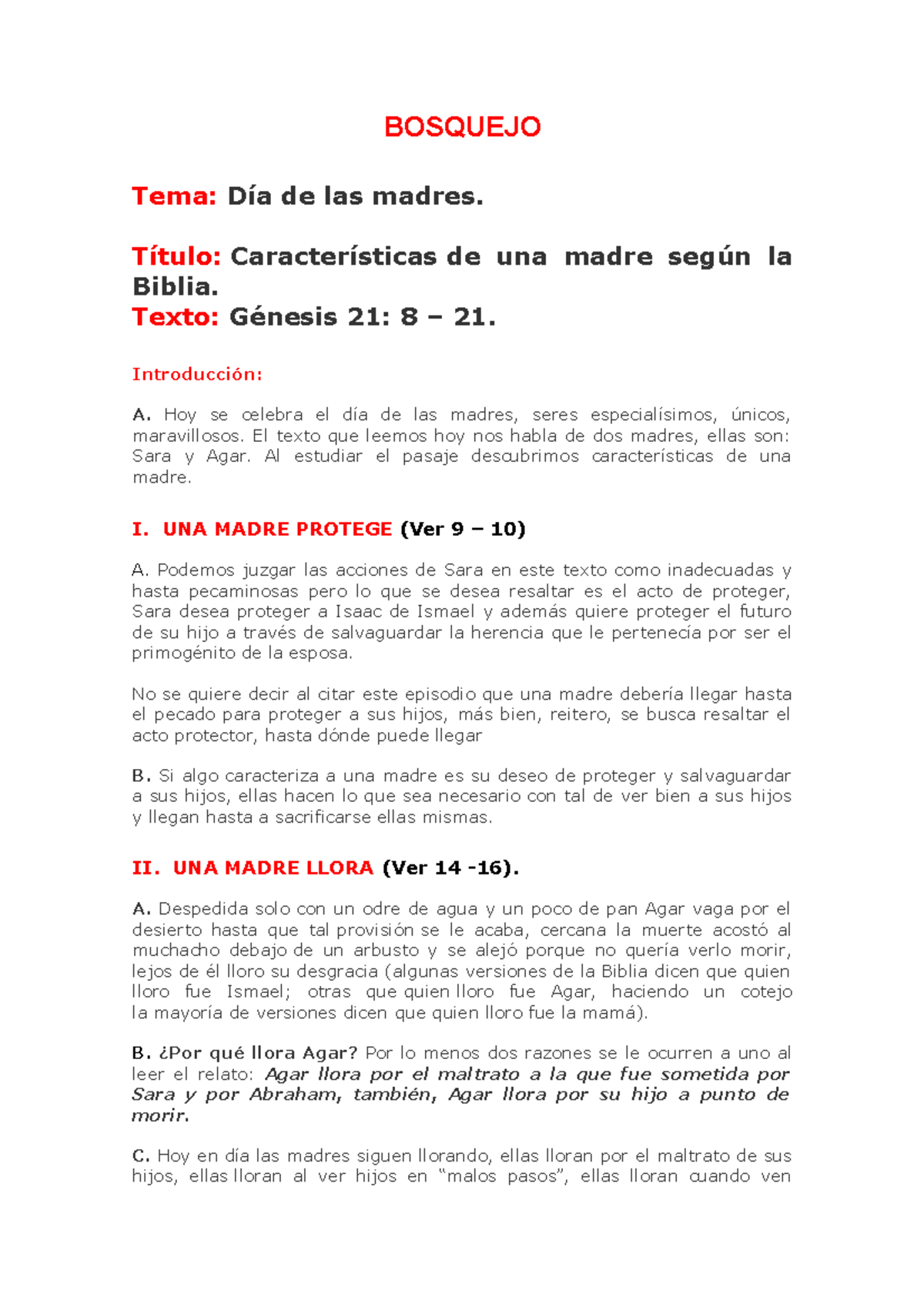 Bosquejo - BOSQUEJO Tema: Día de las madres. Título: Características de una madre según la ...