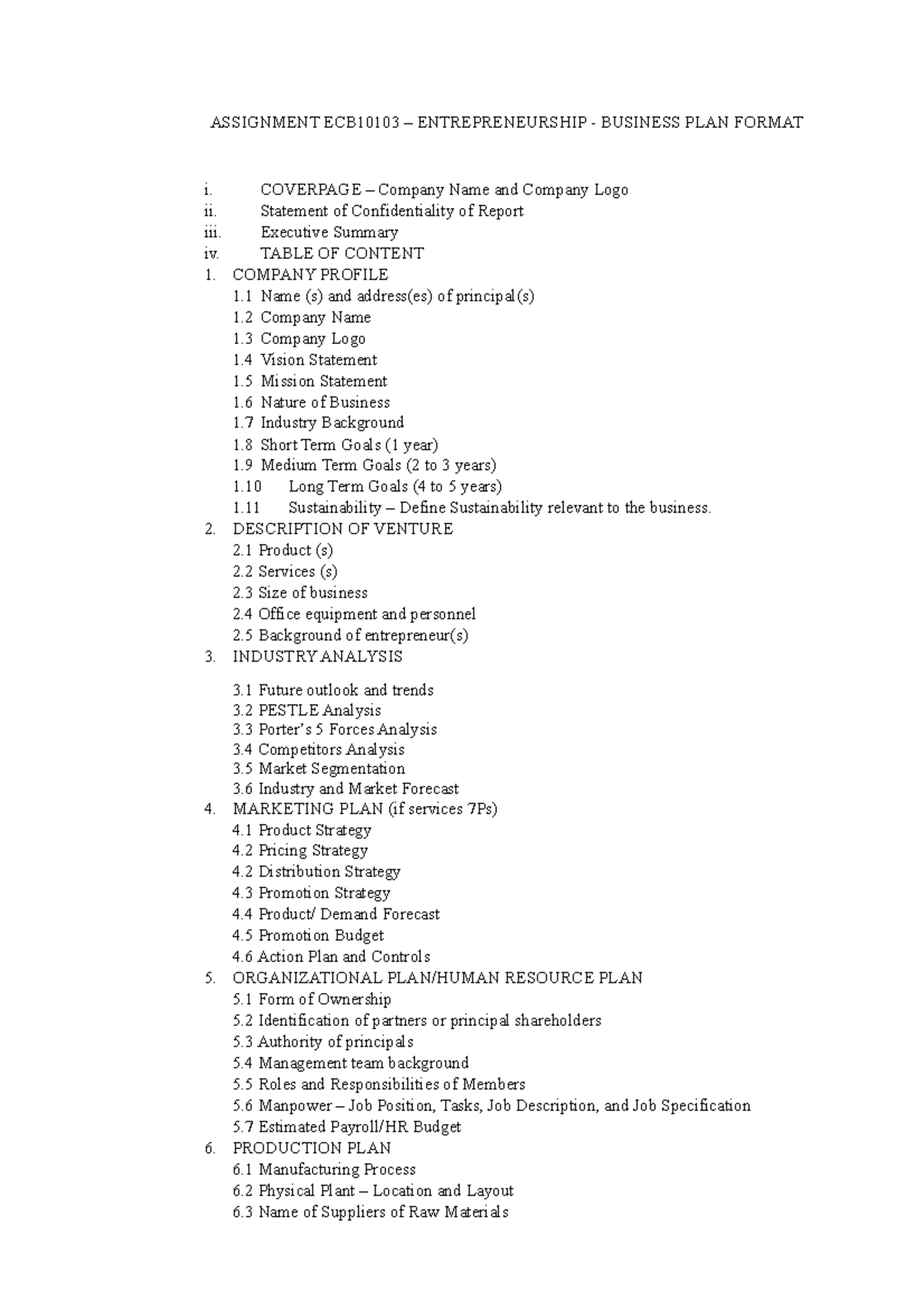 Assignment ECB10103 - Business PLAN Format - ASSIGNMENT ECB10103 ...
