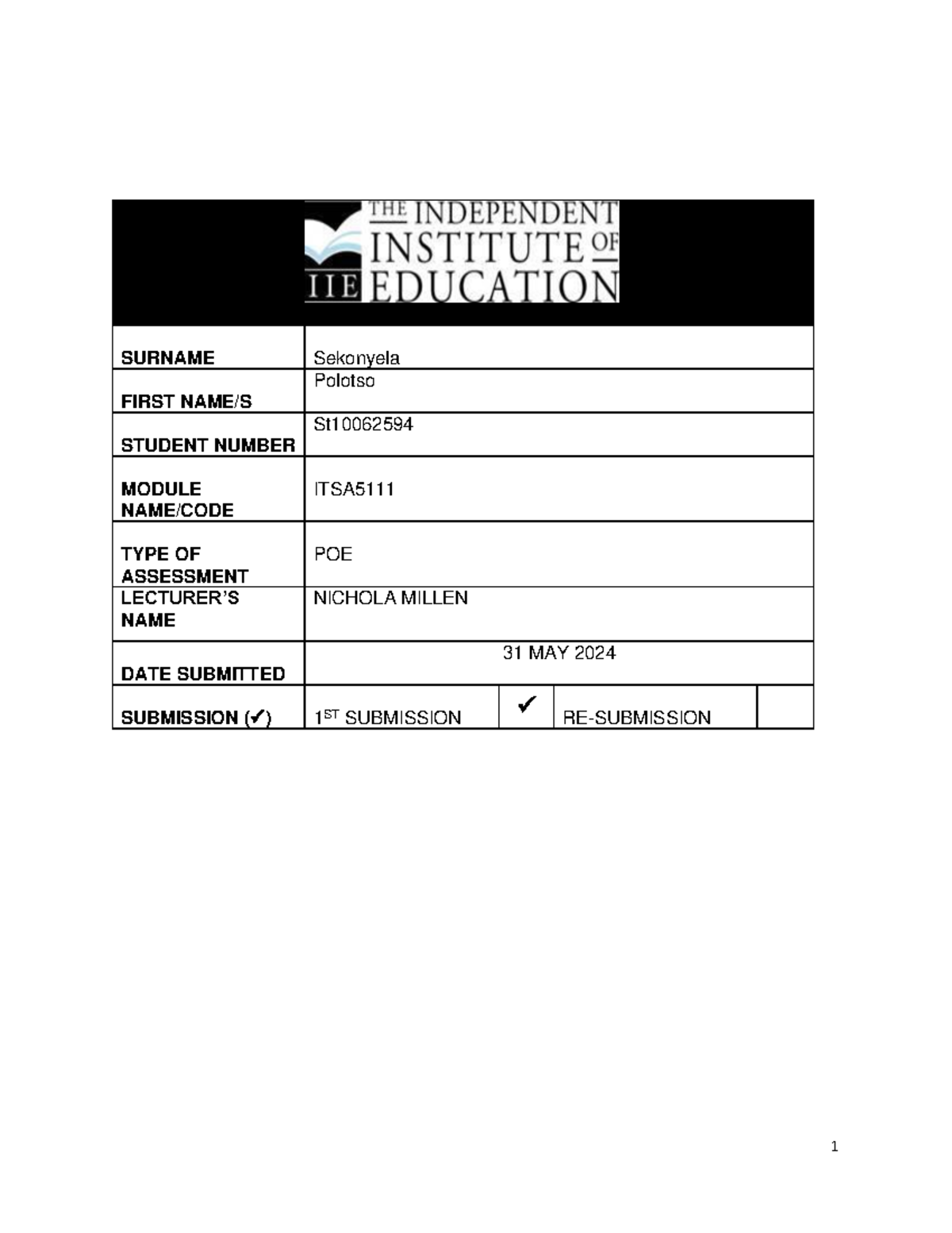 Sekonyela st10062594 ITSA5111 POE - SURNAME Sekonyela FIRST NAME/S ...