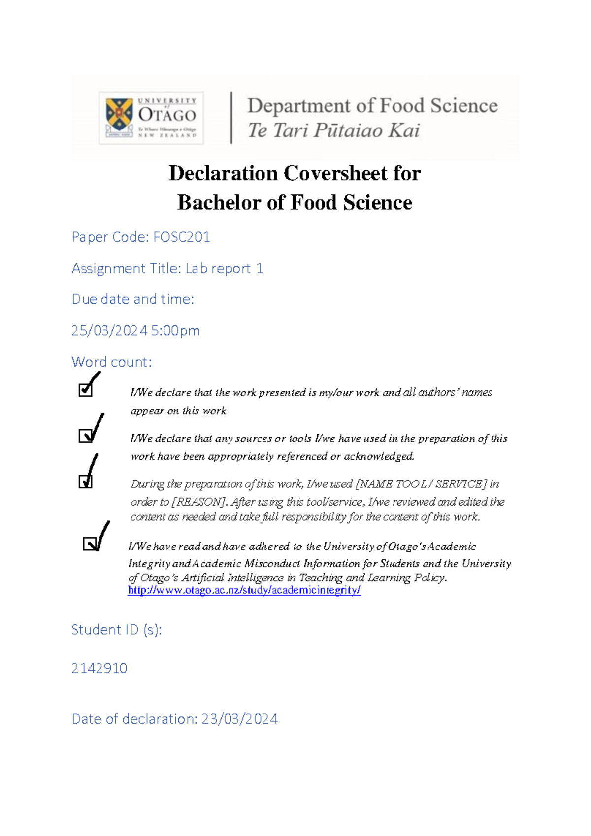 FOSC201 lab report 1 - Grade = B+ - Declaration Coversheet for Bachelor ...