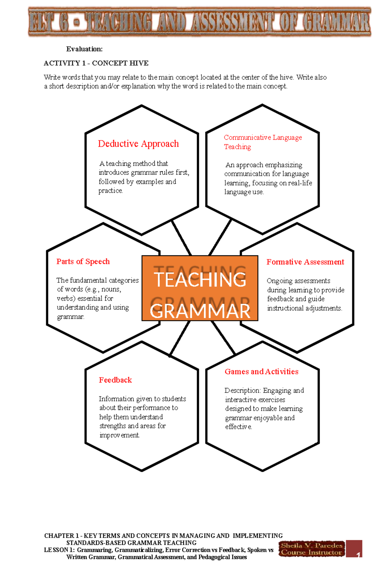 ELT 6 - Teaching and Assessment of Grammar - C1 - L1 - Activity Sheets ...