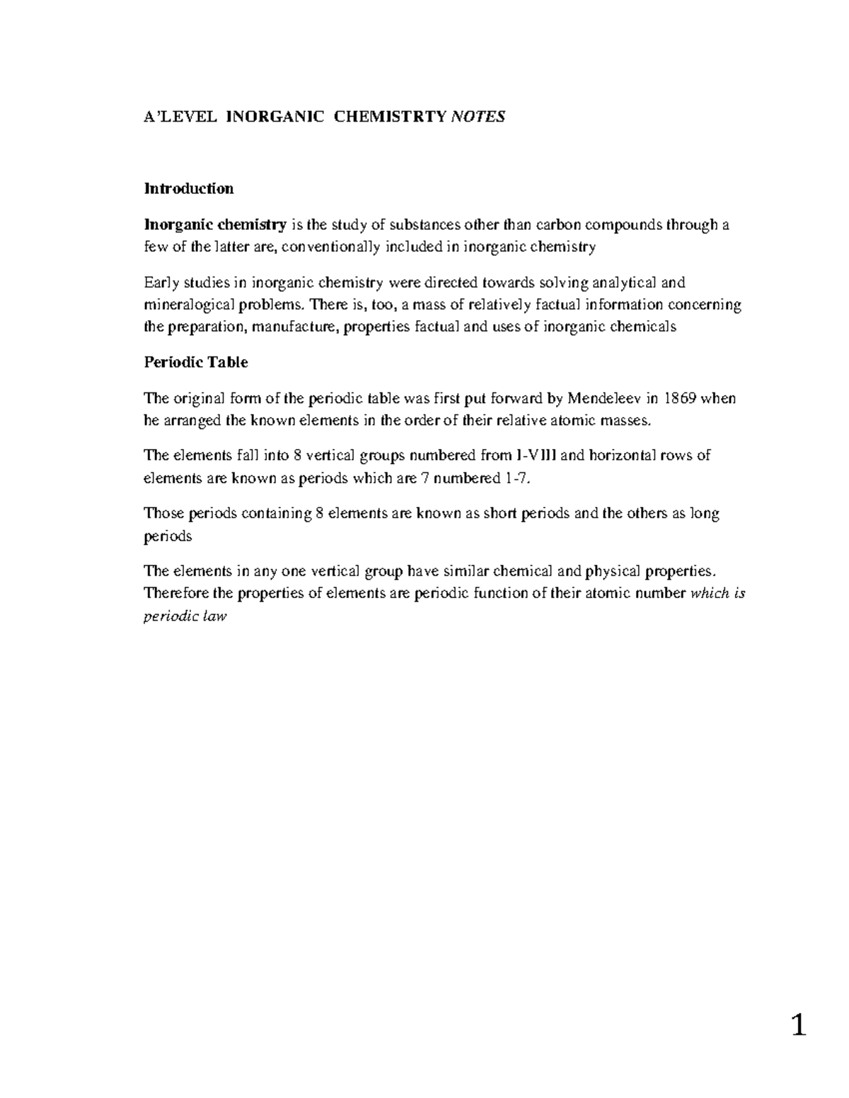 A039 Level Chemistry Inorganic Notes - 1 A’LEVEL INORGANIC CHEMISTRTY ...