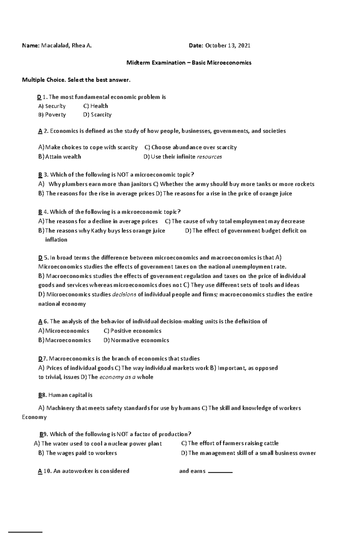 Final Cuya Midterm-Exam-Eco-101 - Name: Macalalad, Rhea A. Date ...