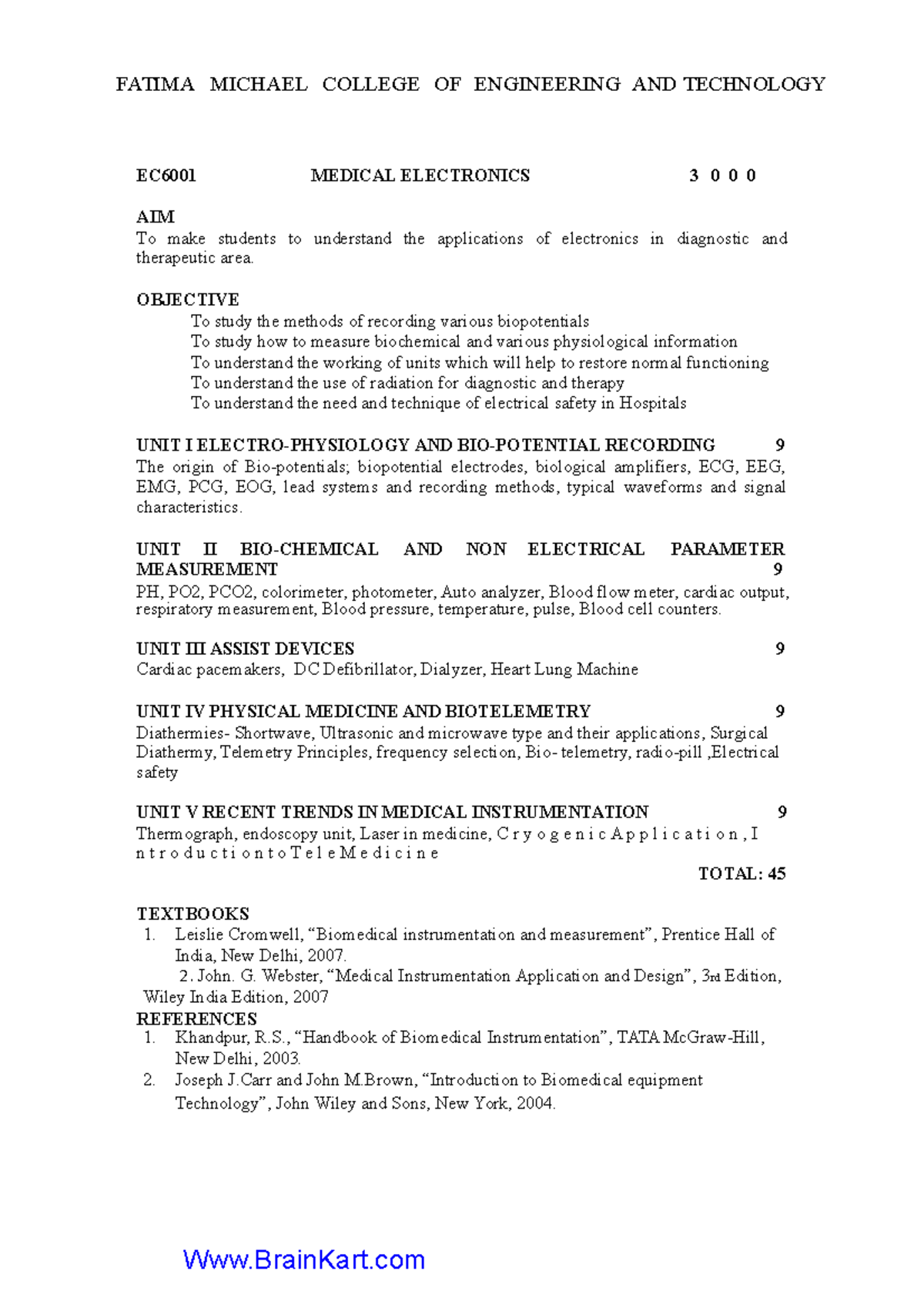 187 - EC6001 Medical Electronics - Notes - FATIMA MICHAEL COLLEGE OF ...