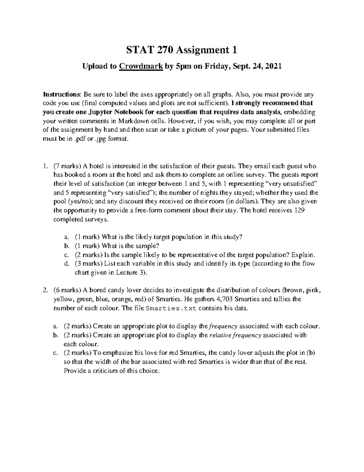 Assignment 1 - STAT 270 - SFU - Studocu