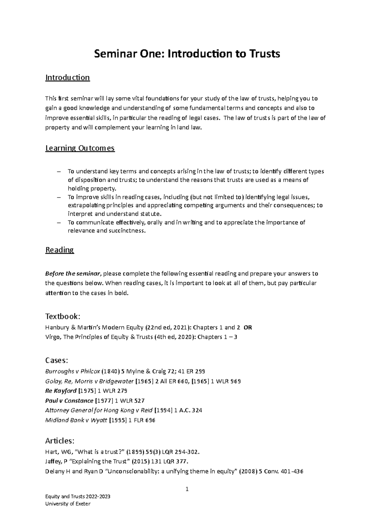 Seminar 1 - Introduction - Seminar One: Introduction to Trusts ...