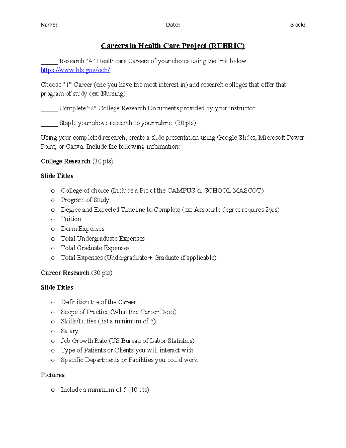 Careers in Health Care Project - Name: Date: Block: Careers in Health ...