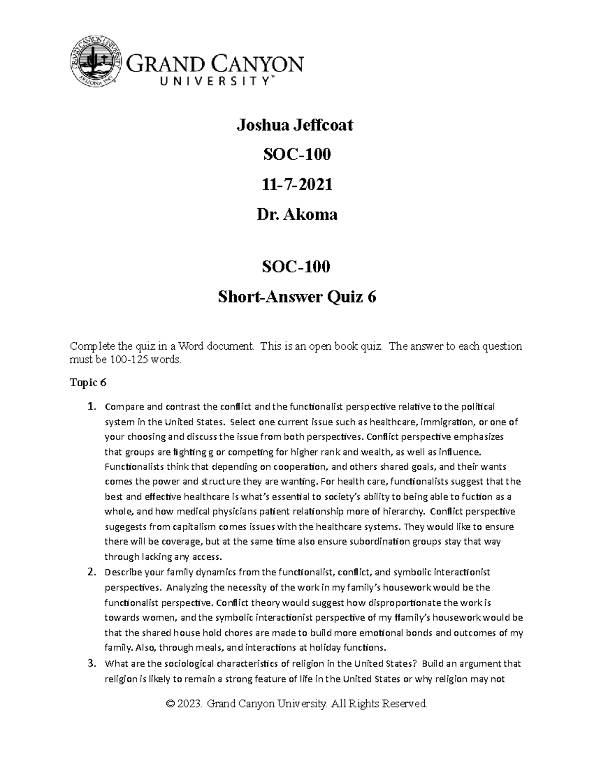 SOC-100.Short-Answer Quiz 6 11-7 - Joshua Jeffcoat SOC- 11-7- Dr. Akoma ...