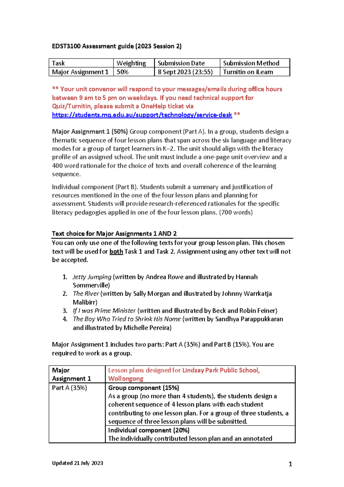 Major assignment 1 guide - EDST3100 Assessment guide (202 3 Session 2) Task Weighting Submission ...