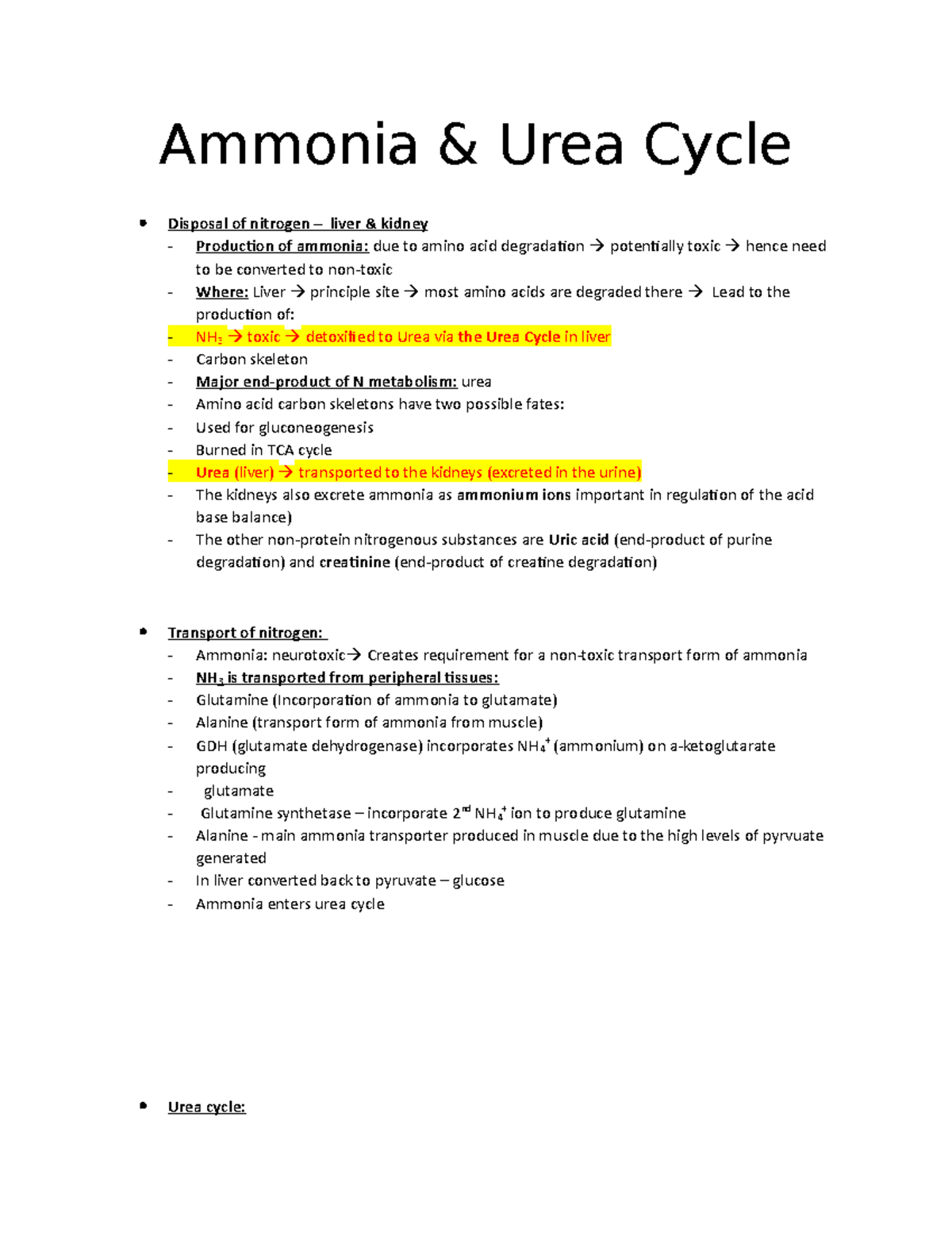 Ammonia and urea cycle - Lecture notes 13 - Ammonia & Urea Cycle ...