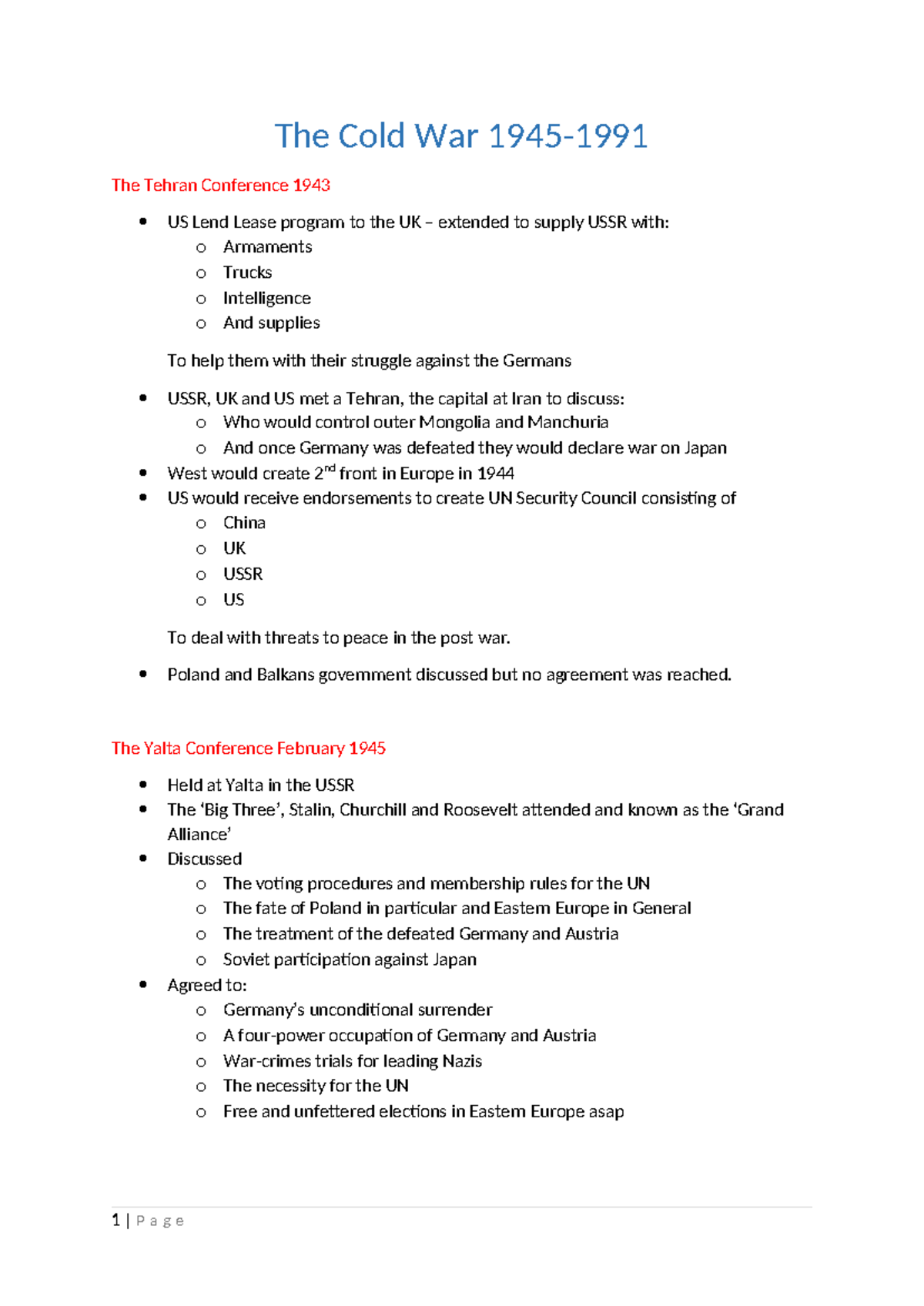 Modern History Notes - Cold War Notes - The Cold War 1945- The Tehran ...