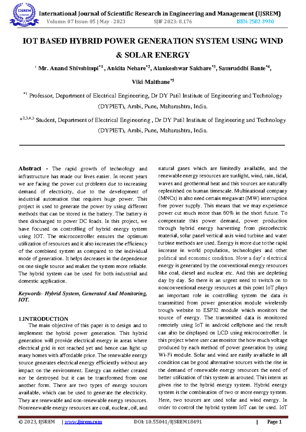 IOT Based Hybrid Power Generation System Using WIND Solar Energy ...
