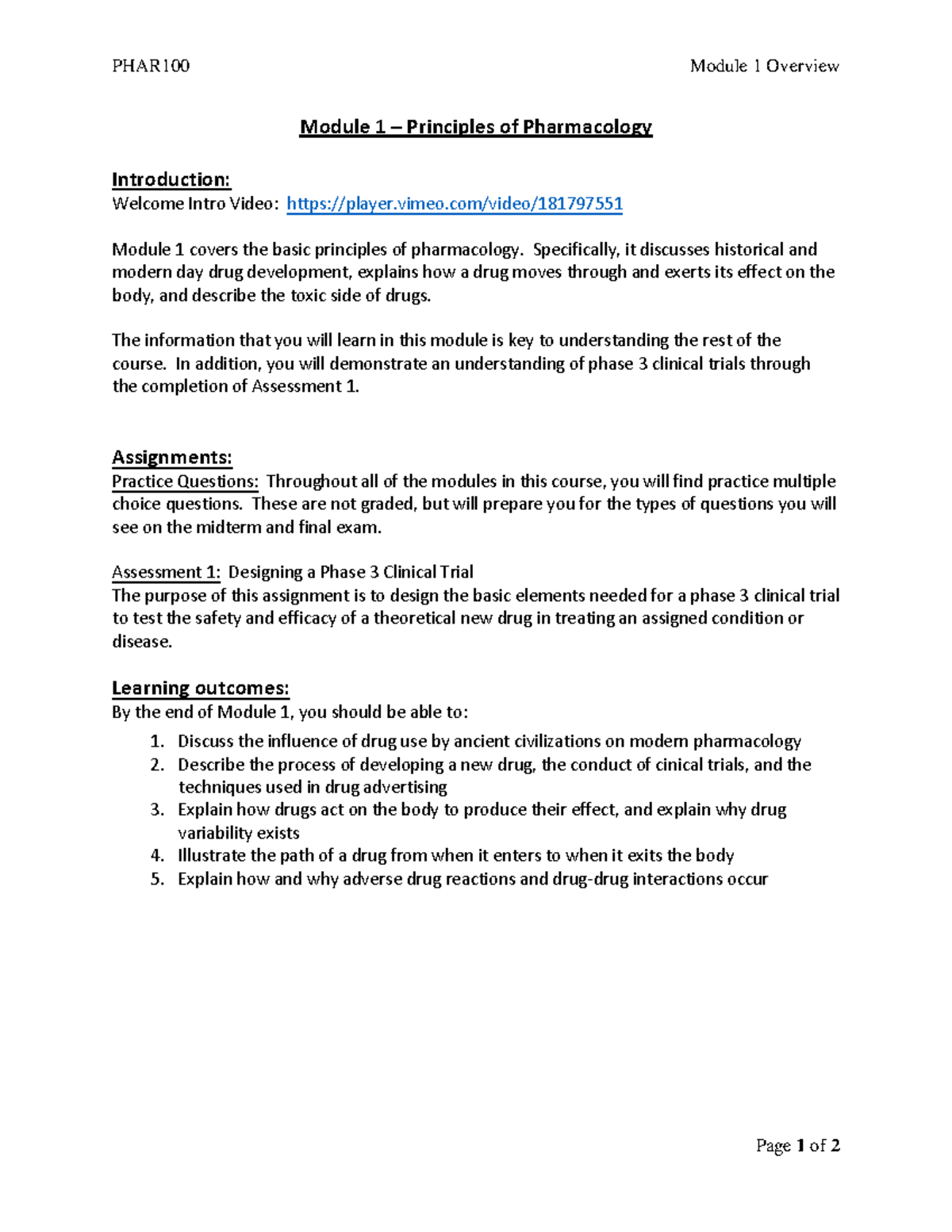 1.0 Introduction to Module 1 - PHAR100 Module 1 Overview Page 1 of 2 ...