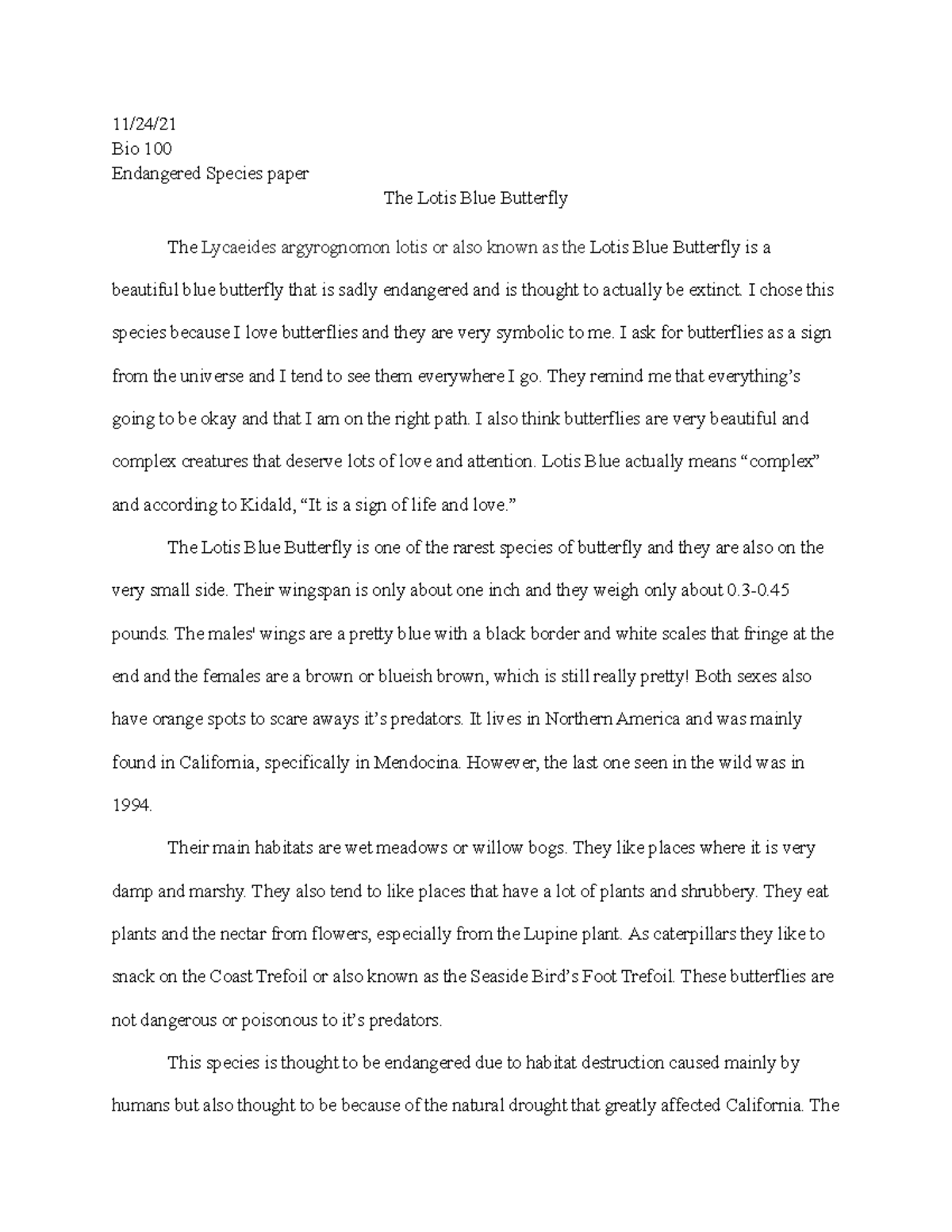 Bio 100, Endangered Species Paper - 11/24/ Bio 100 Endangered Species ...
