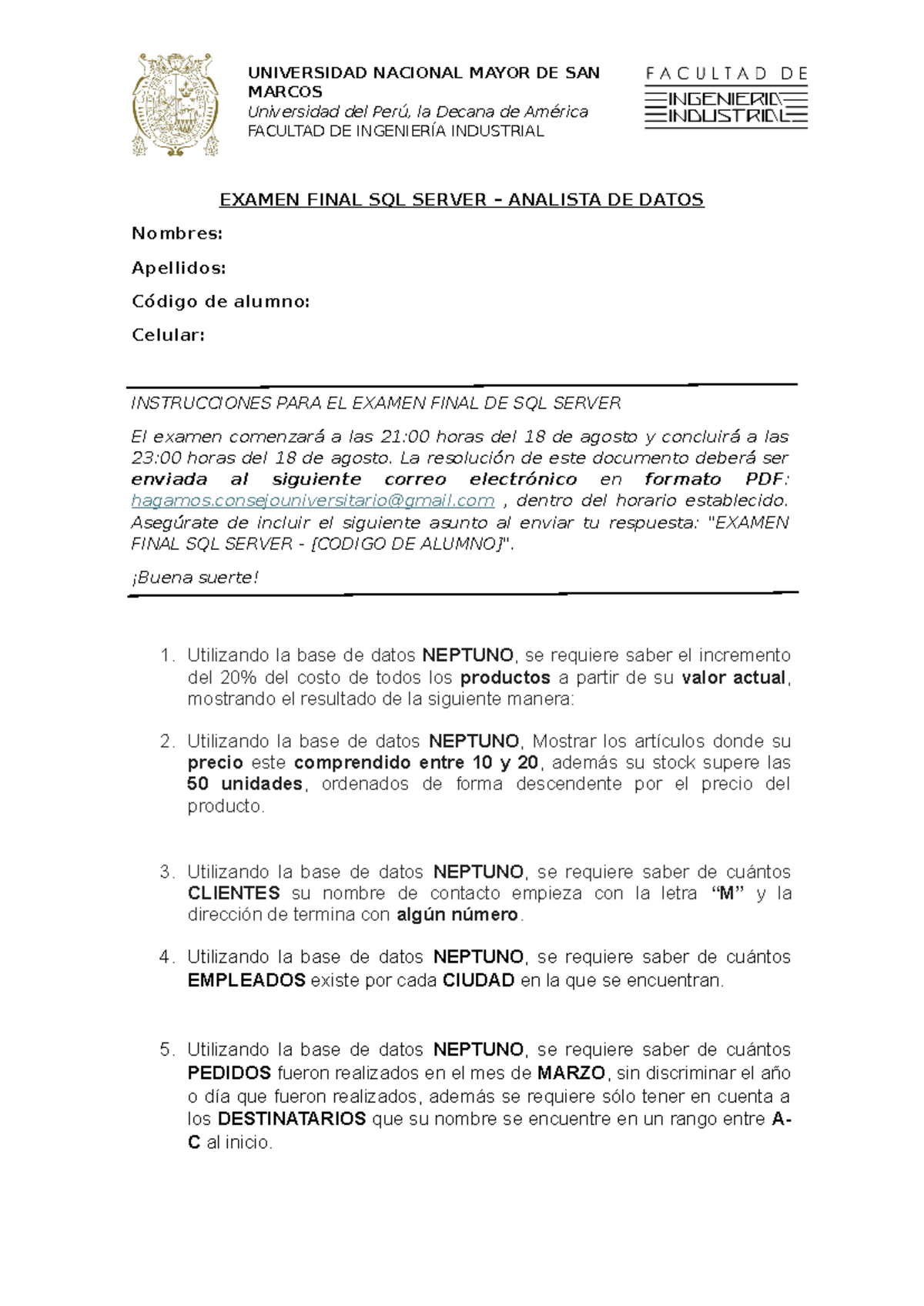 Examen Final SQL Server - Analista DE Datos - UNIVERSIDAD NACIONAL MAYOR DE SAN MARCOS ...