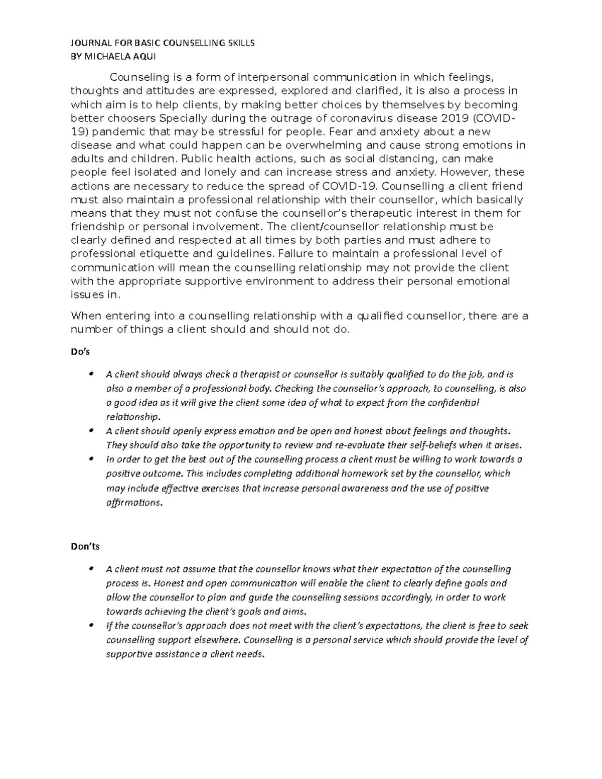 Basic Counselling Skills - JOURNAL FOR BASIC COUNSELLING SKILLS BY ...