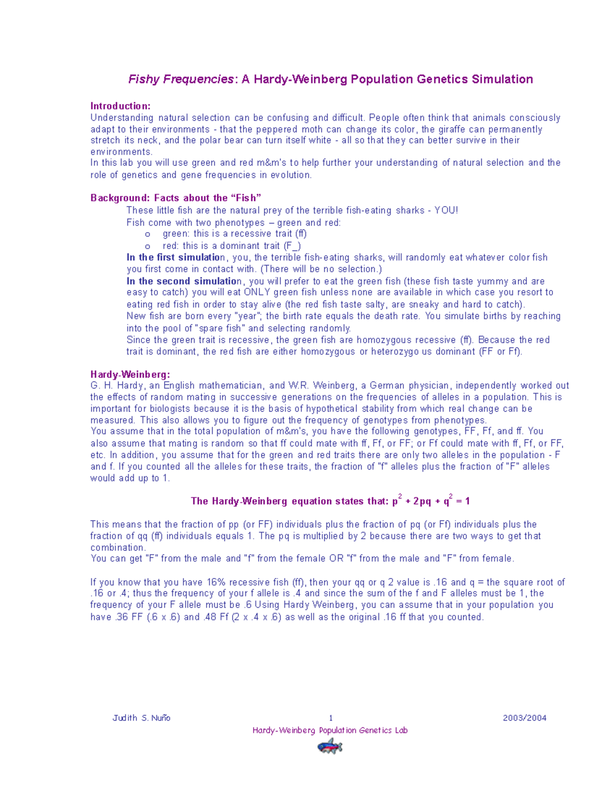 Hardy Weinberg Fishy Frequencies - Judith S. Nuño 1 Hardy-Weinberg ...