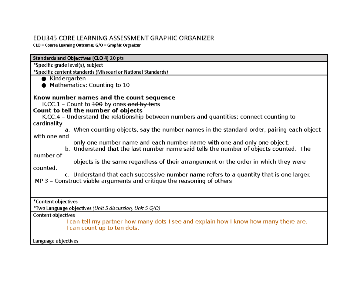 Unit 6 Graphic Organizer - EDU345 CORE LEARNING ASSESSMENT GRAPHIC ...