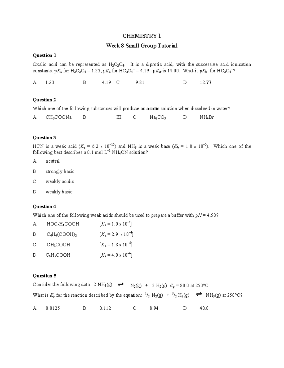 2019 Week 8 small group tutorial Questions - CHEMISTRY 1 Week 8 Small ...