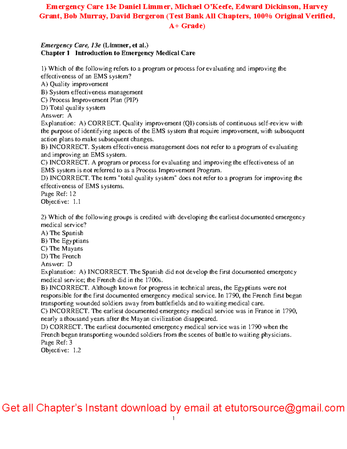 Test Bank For Emergency Care 13e Daniel Limmer, Michael O'Keefe, Edward ...
