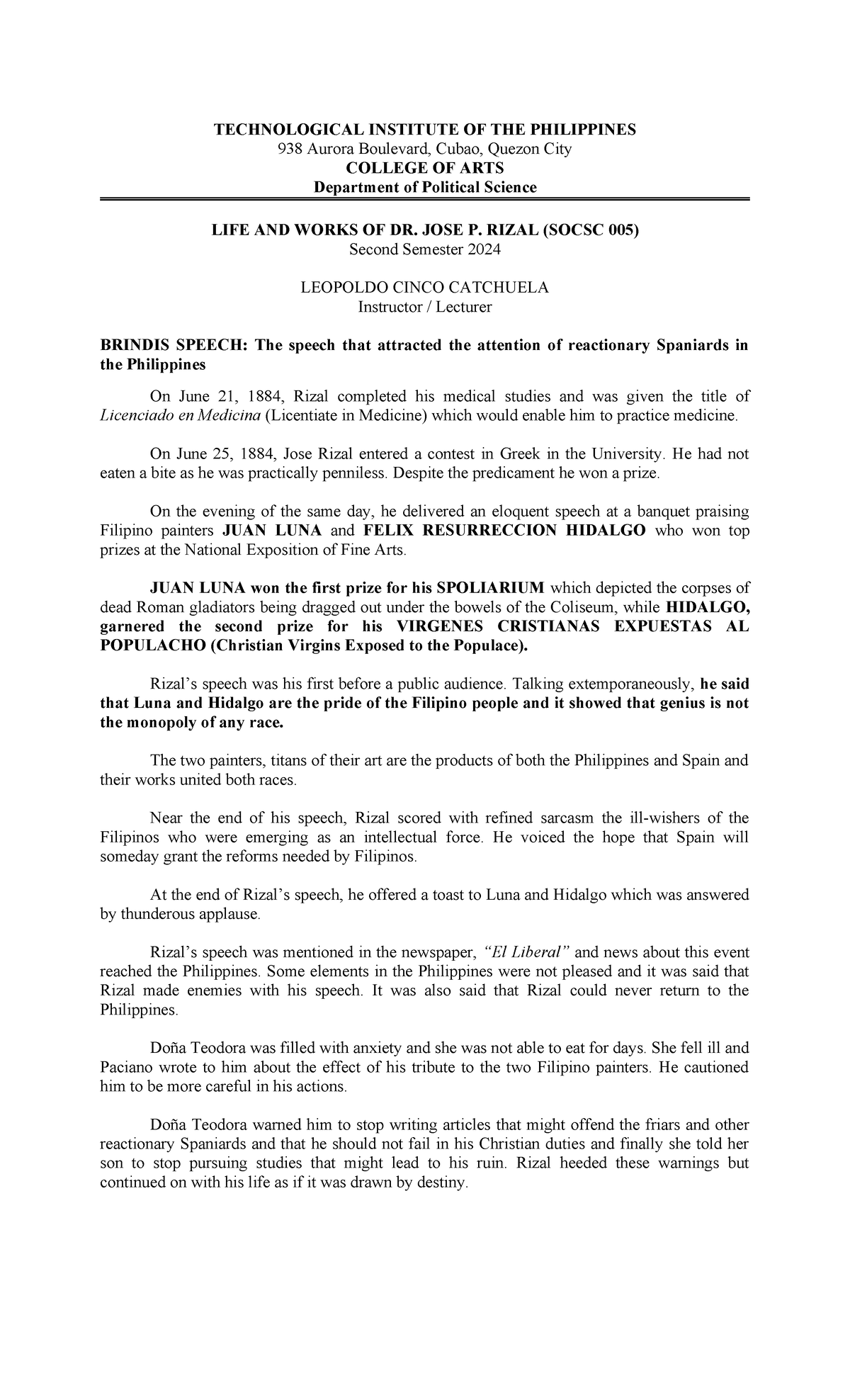 Rizal Brindis Speech Midterm - TECHNOLOGICAL INSTITUTE OF THE ...