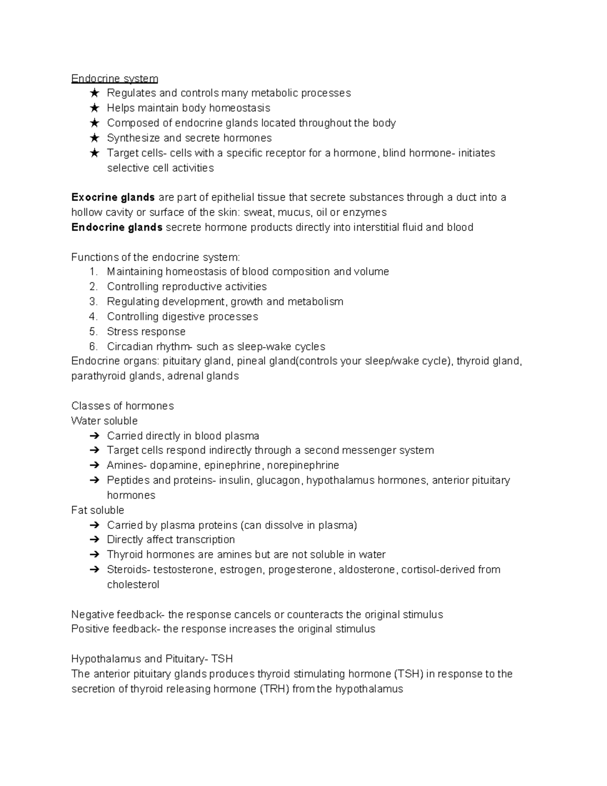 Bio - Week 7 - Lecture notes unit 7 - Endocrine system ★ Regulates and ...