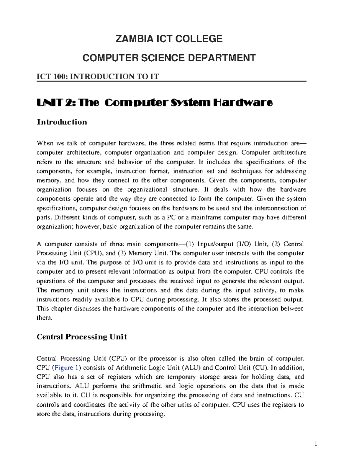 Unit 2 Computer System Hardware Zambia Ict College Computer Science Department Ict 100