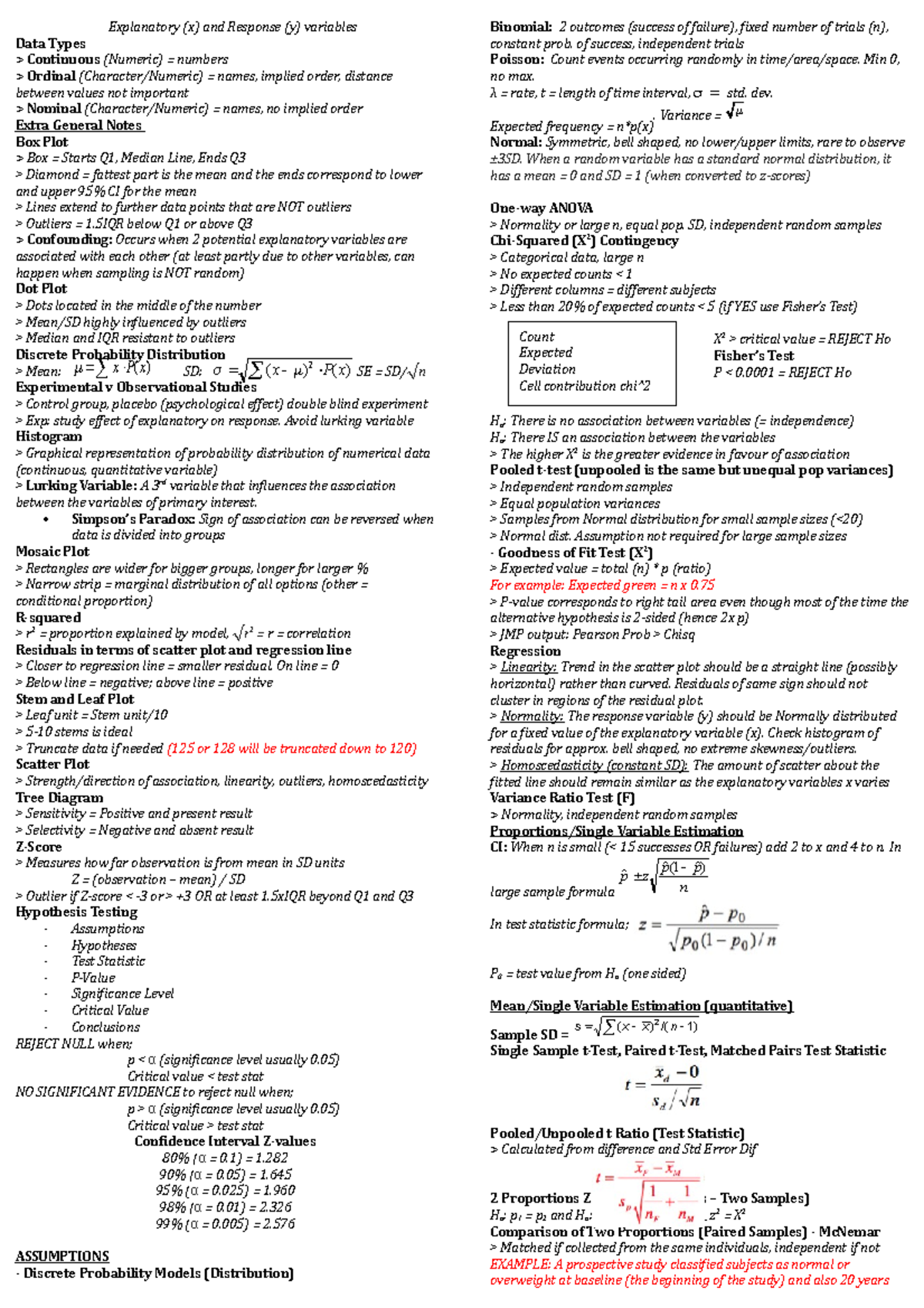 STAT252 Final Exam Sheet - Explanatory (x) and Response (y) variables **Data Types Continuous ...